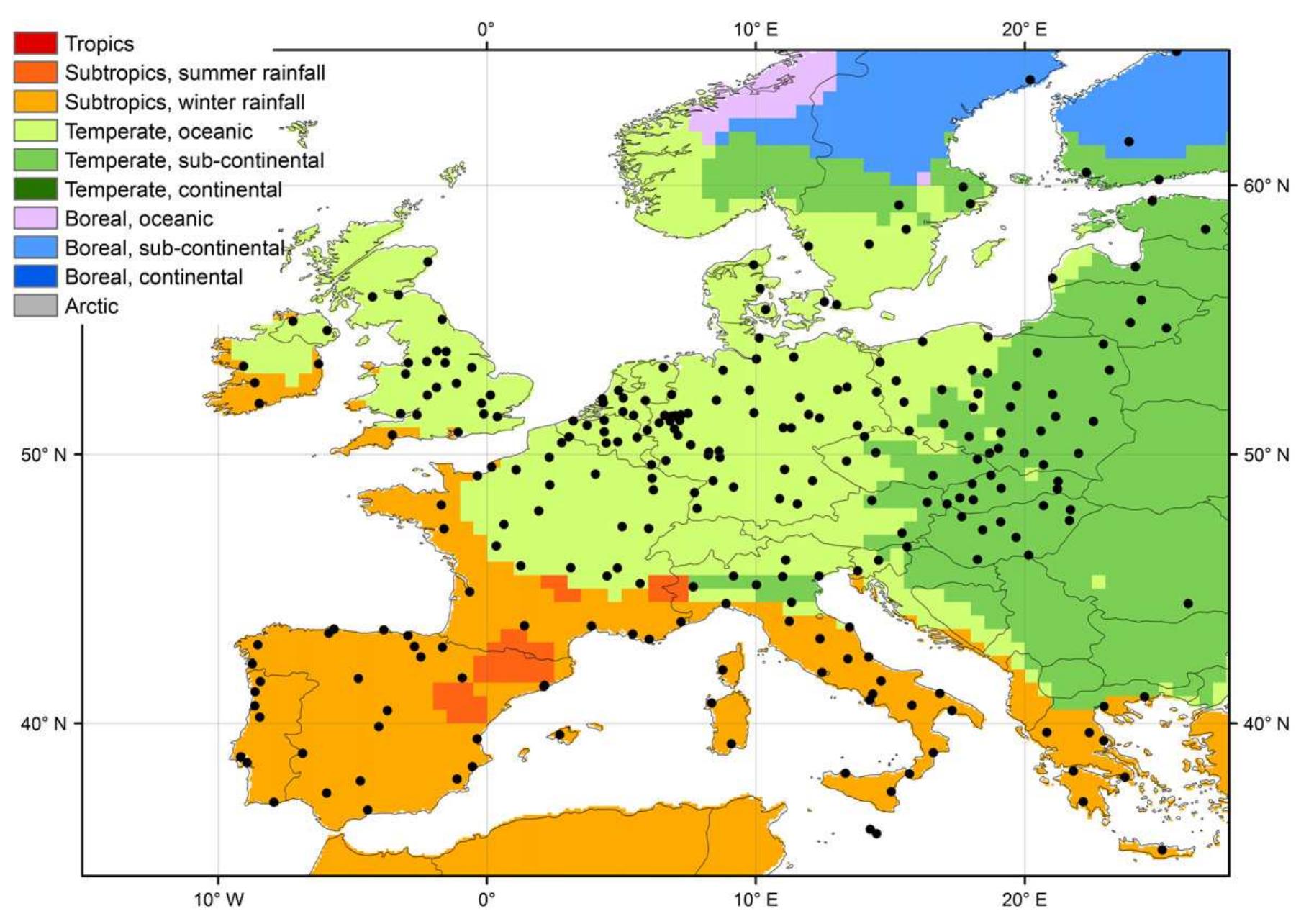 Map of analysed cities with thermal climatic zones by the