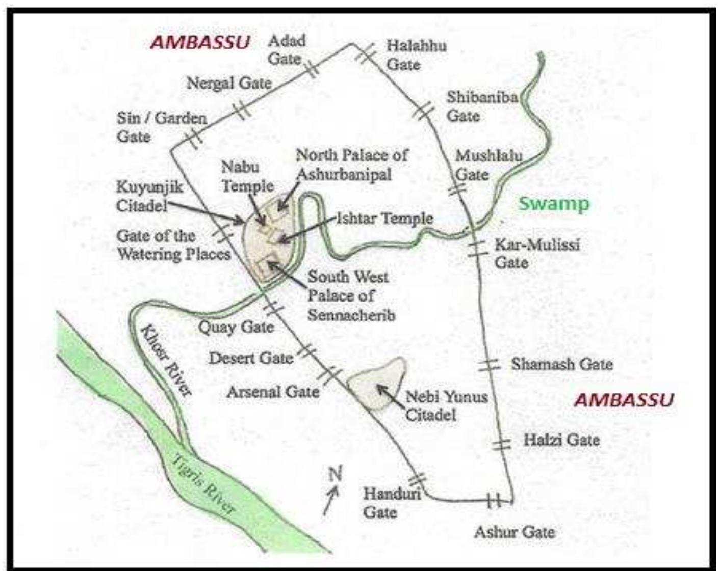 Map of nineveh with gates and rivers reign of sennacherib