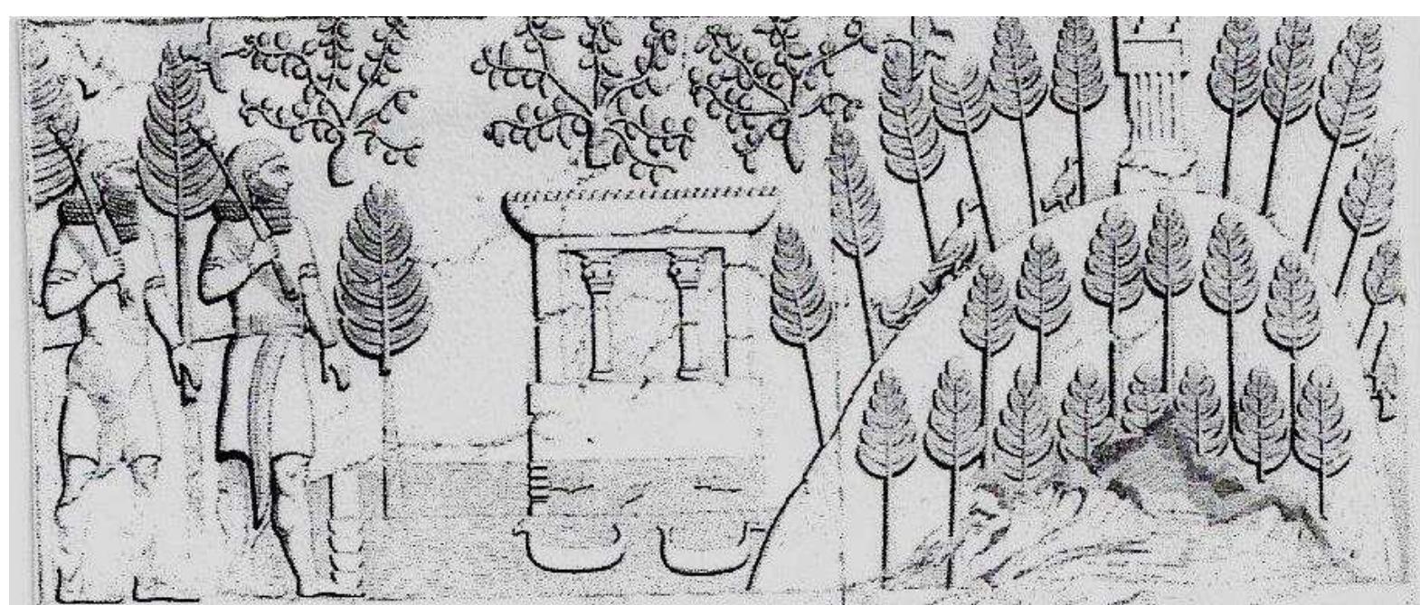 Drawing of a stone wall panel carved in bas-relief, found in