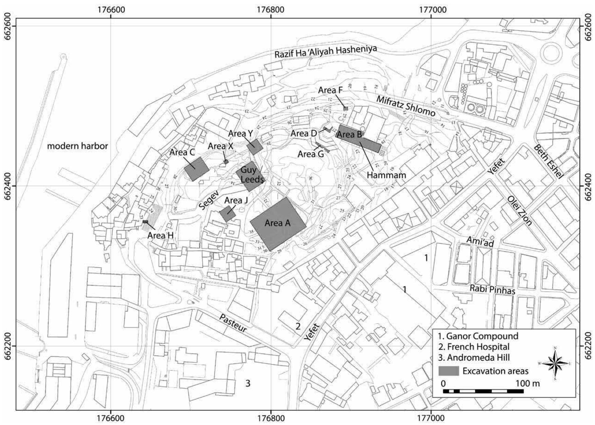 Contour plan showing the locations of excavation areas on