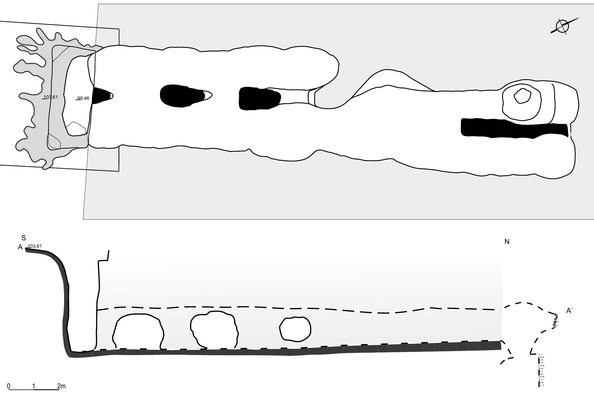 Plan of the tunnel under tumulus 6 and cross-section of the