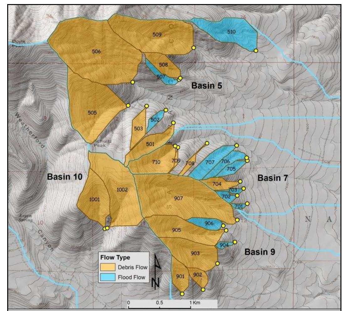 Small, steep basins mapped according to flow types. basins