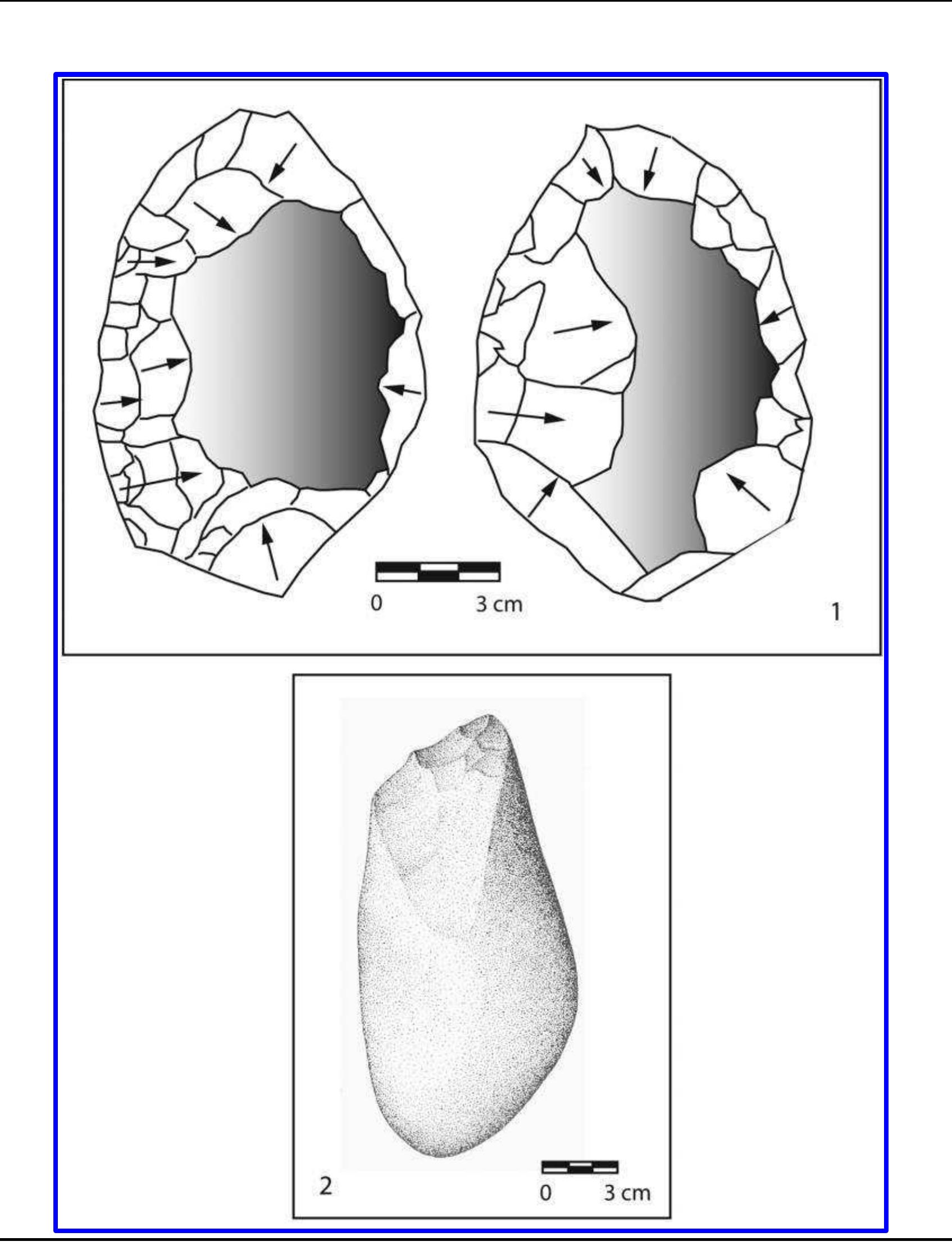 1, bifacial tool on a flint slab (schematic drawing); 2,