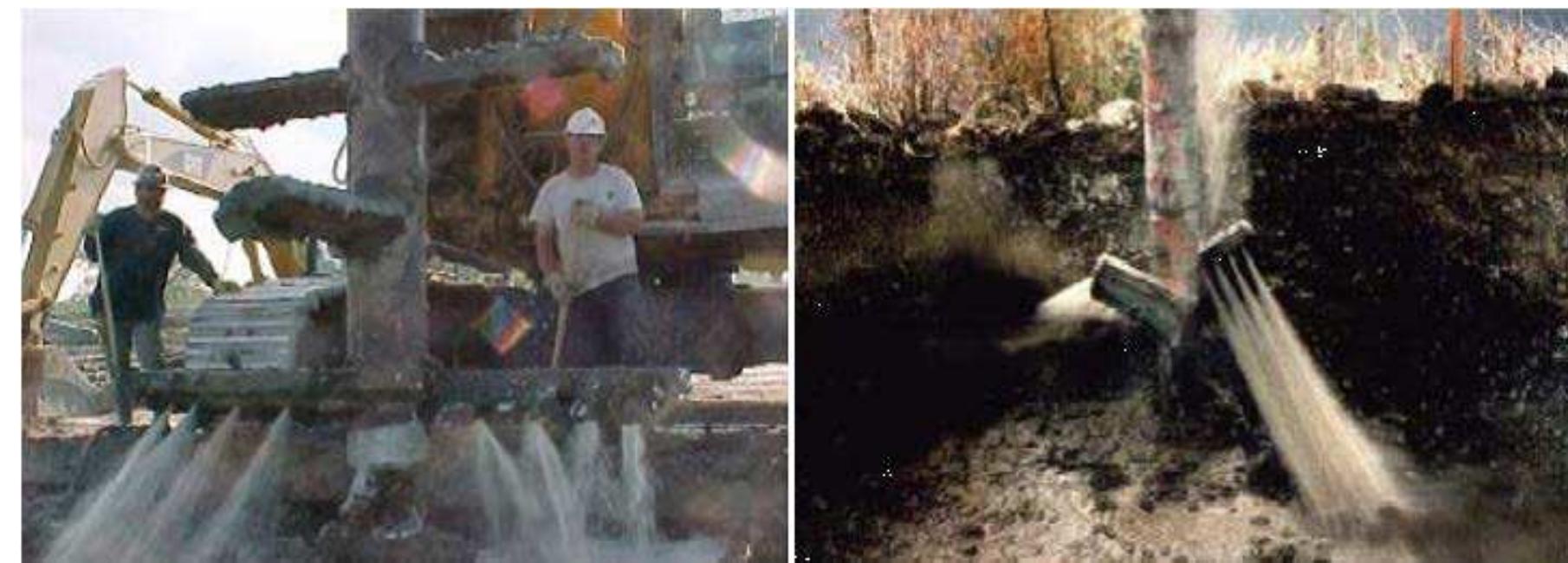 Parts of wet mixing tool showing injection of slurry into