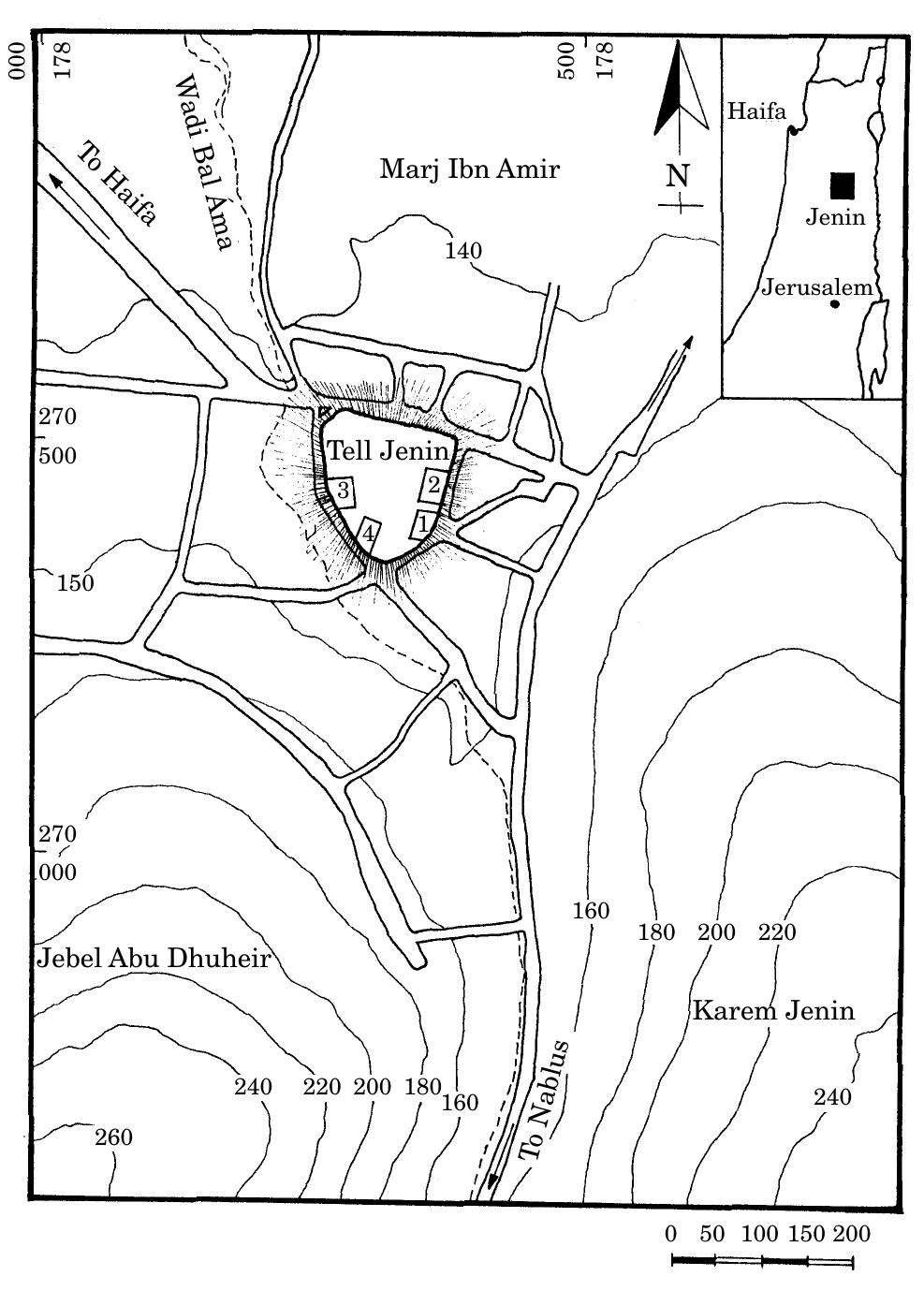 Sketch map showing tell jenin location, and the archaeo-