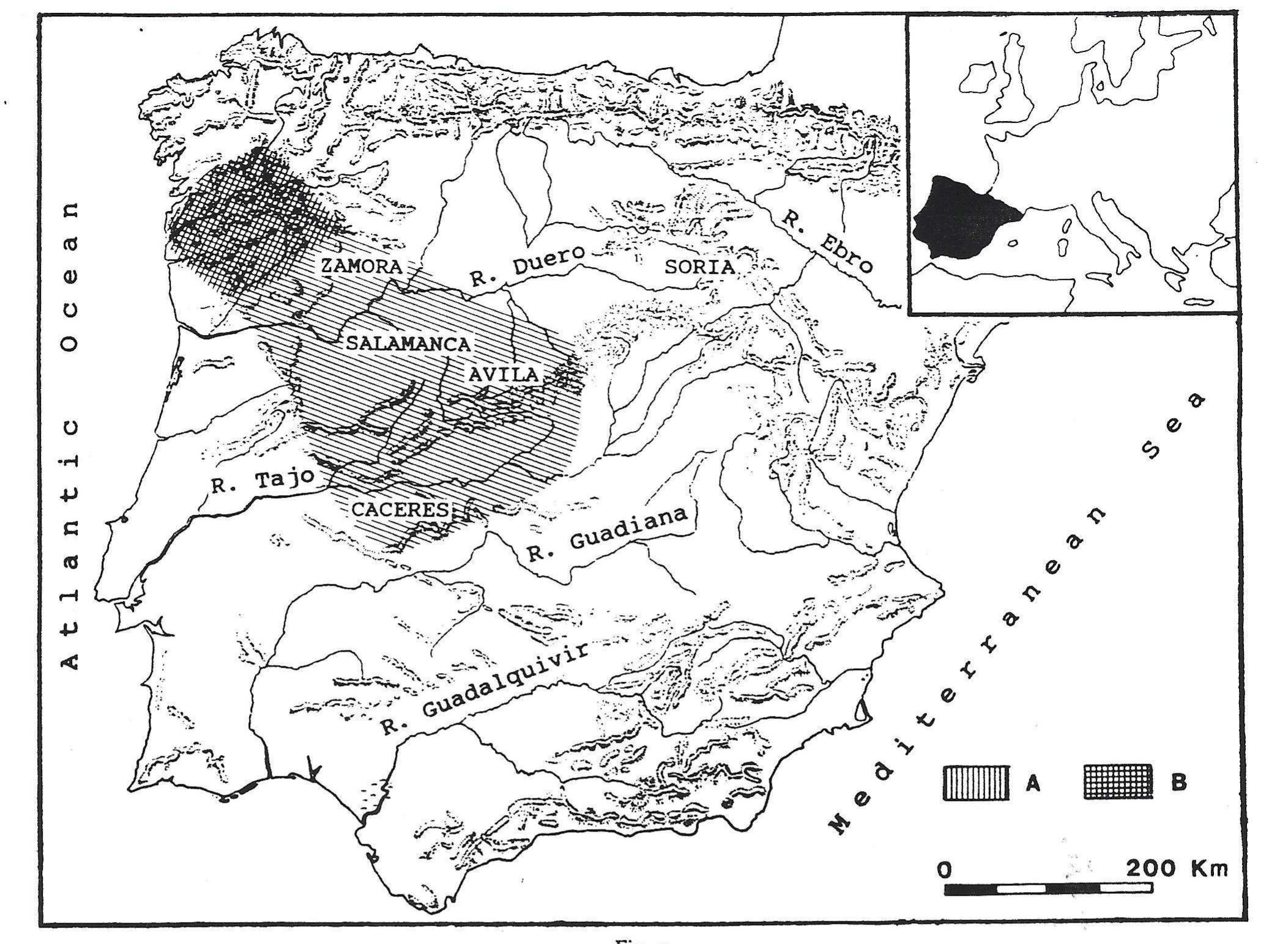 Map of the iberian peninsula showing the distribution of
