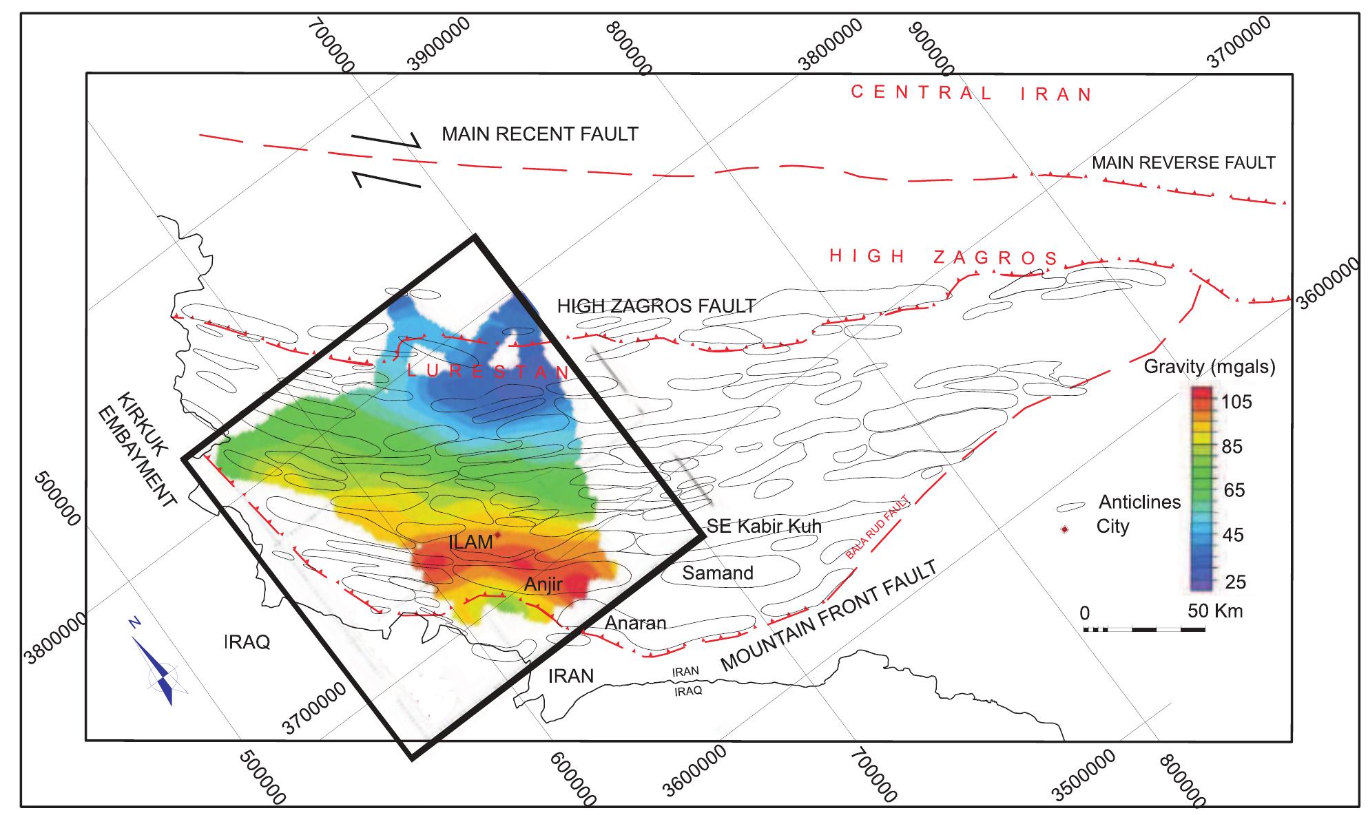 bouguer anomaly map of the study area with a 20 km low