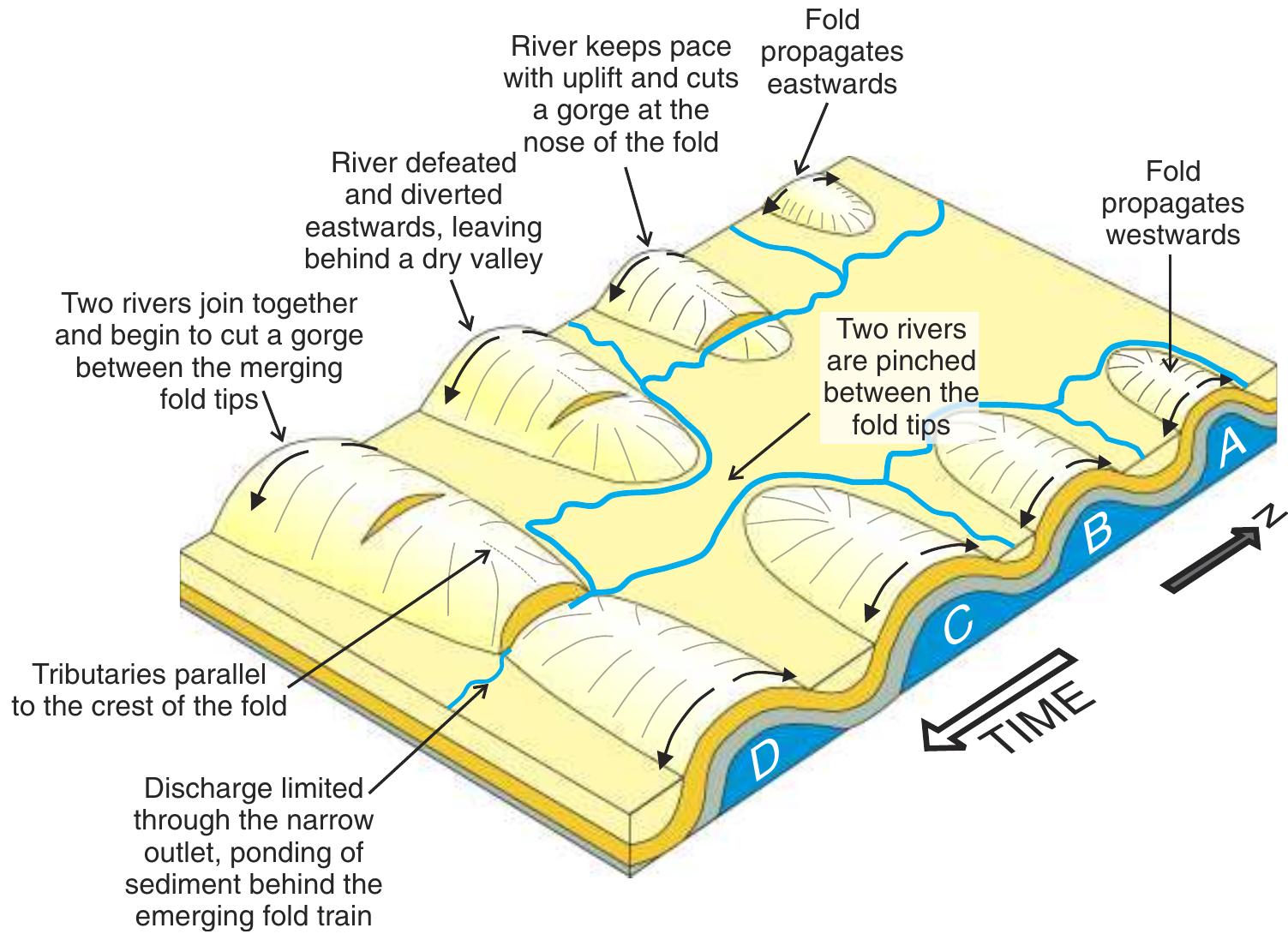 A cartoon showing the formation of a gorge between two
