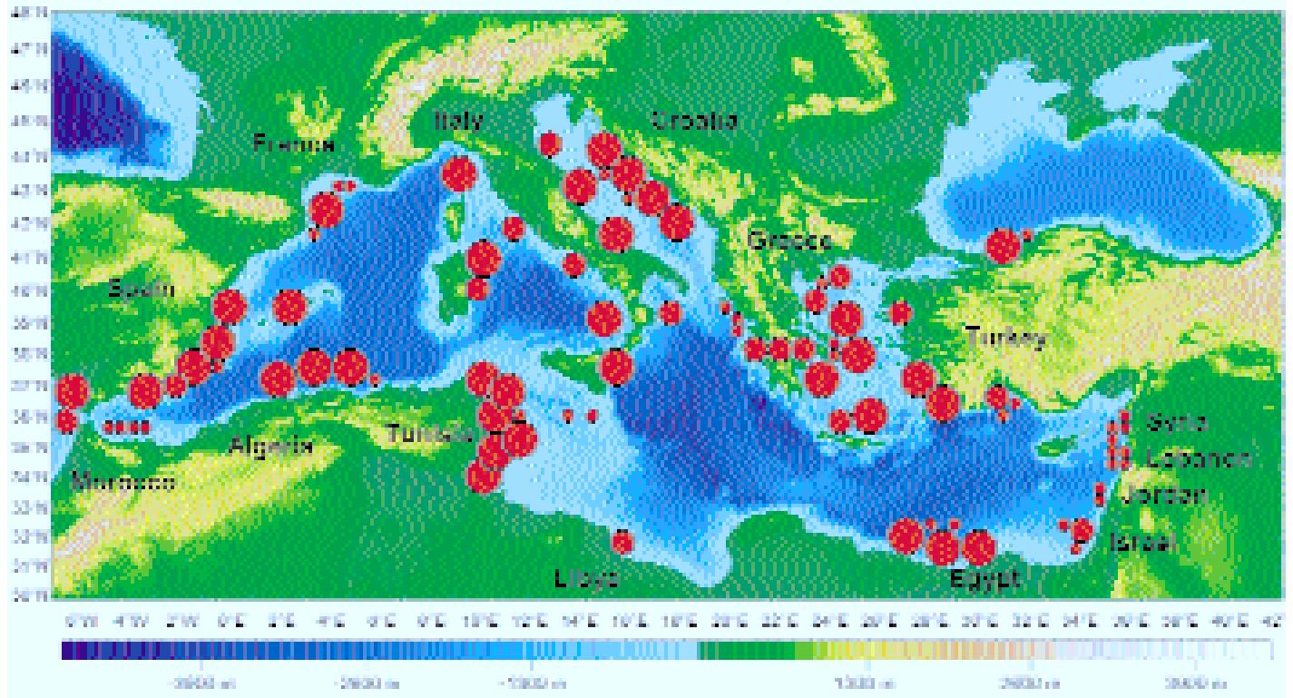 Map of the mediterranean sea showing approximate locations