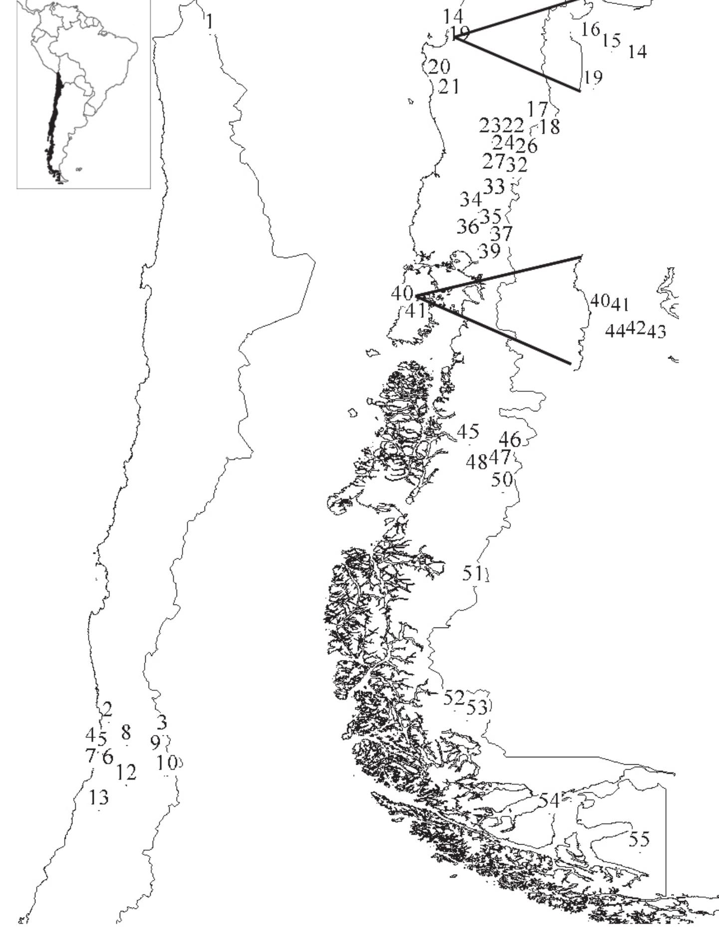 Map of mainland chile, indicating the 55 lakes used in the