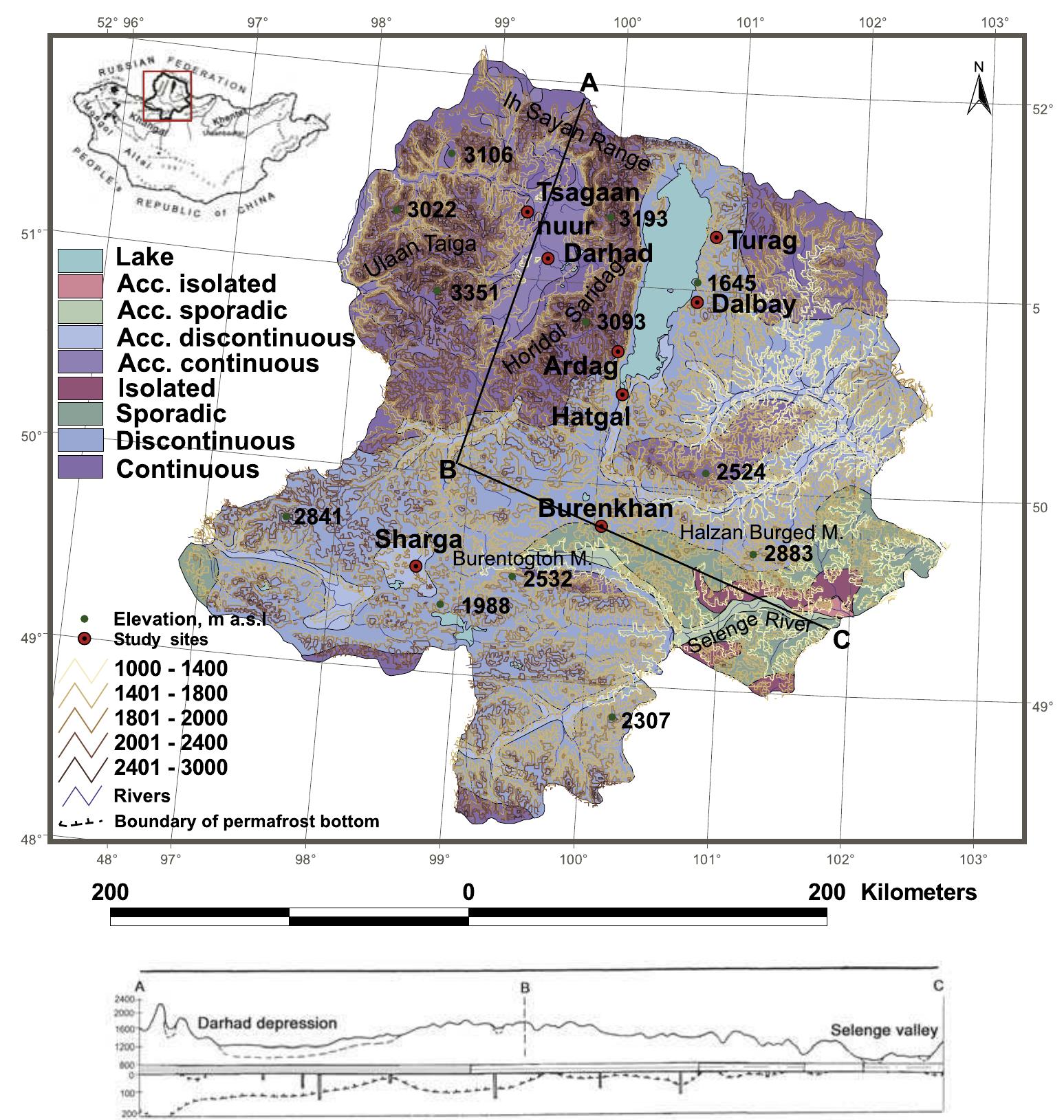 Schematic map of permafrost and location of monitoring site