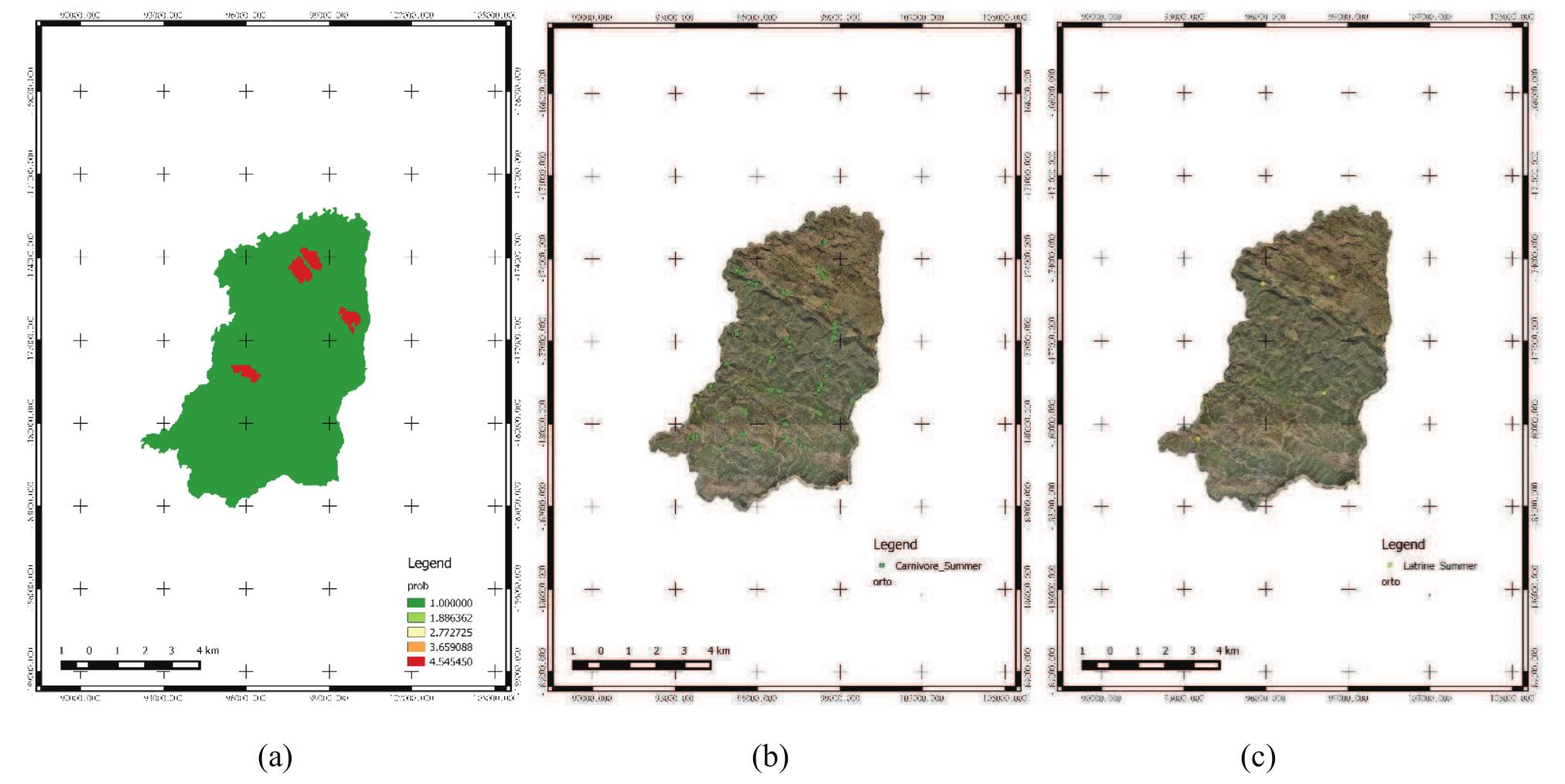 (a) forest fire probability map; (b) carnivore summer map;