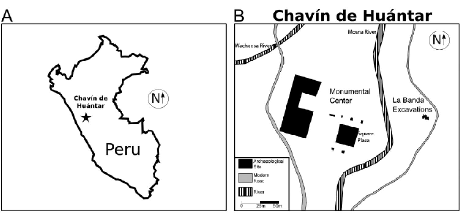 Maps of the location of (a) chavin de huantar in peru, (b)