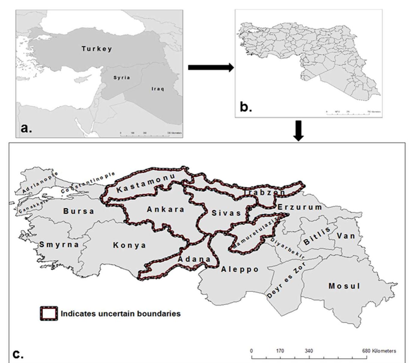 Map a. shows the modern borders for turkey, syria, and lraq.