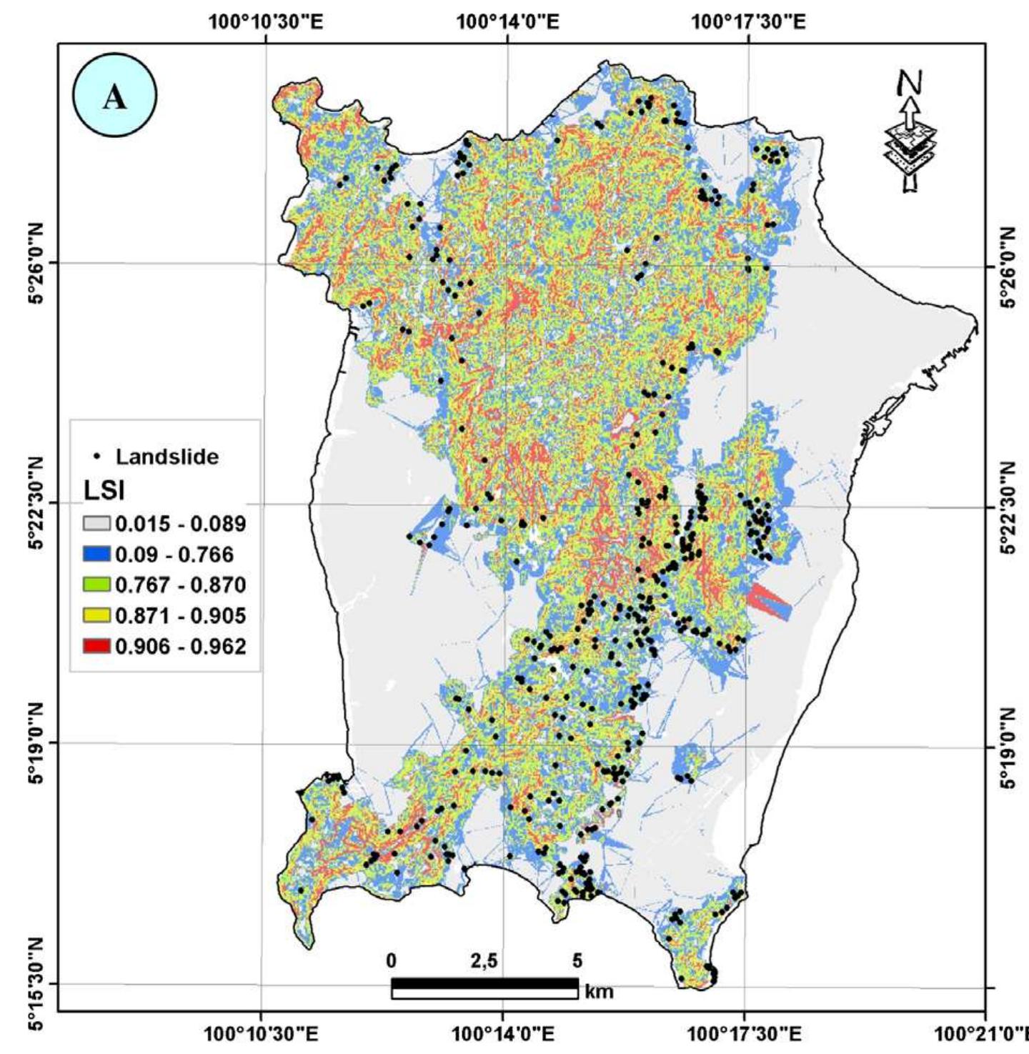 (a) landslide susceptibility map of penang based on weights