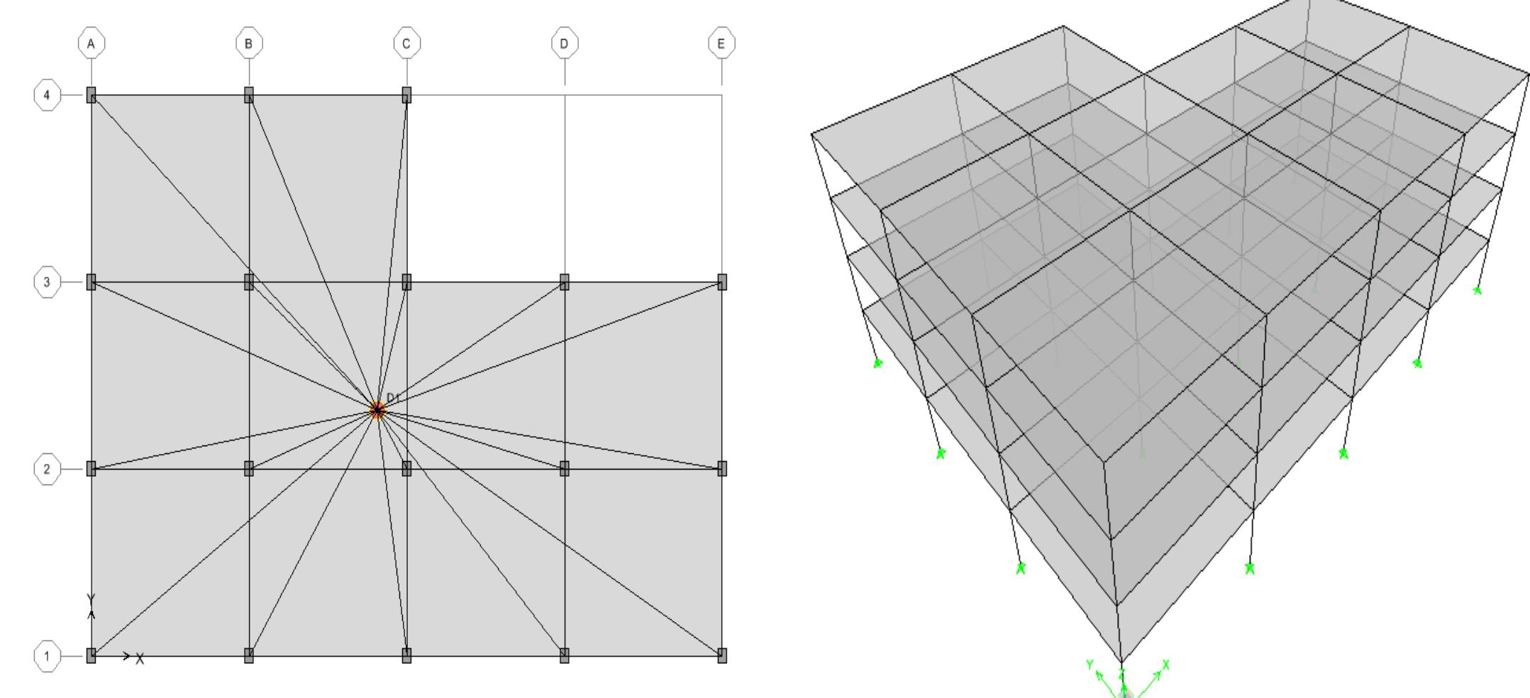 Plan and 3d view of modeled building in etabs