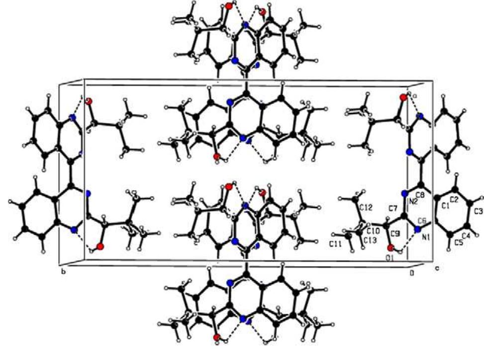 B. packing diagram of 2c along the a-axis. dashed lines