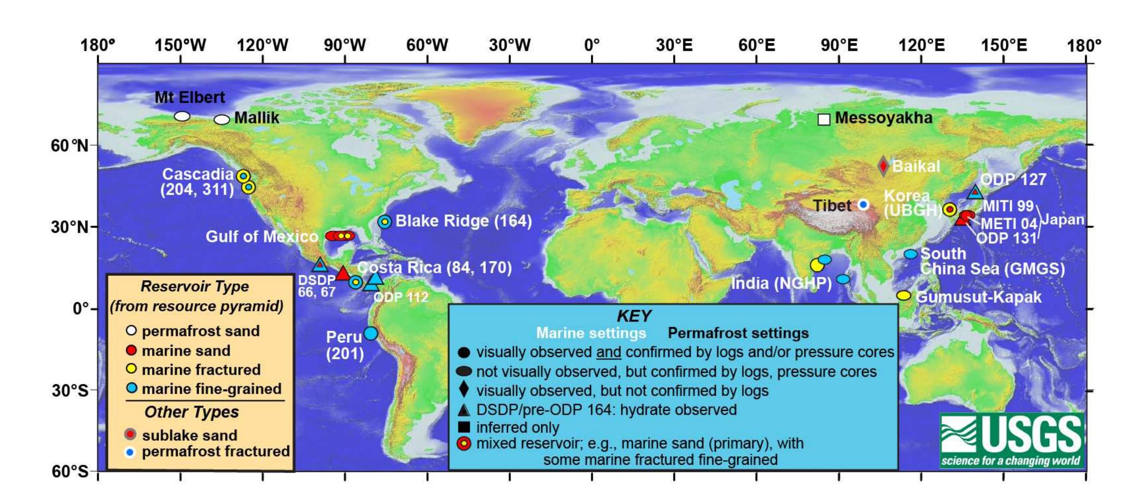 Reservoir-based map of locations of gas hydrates found at