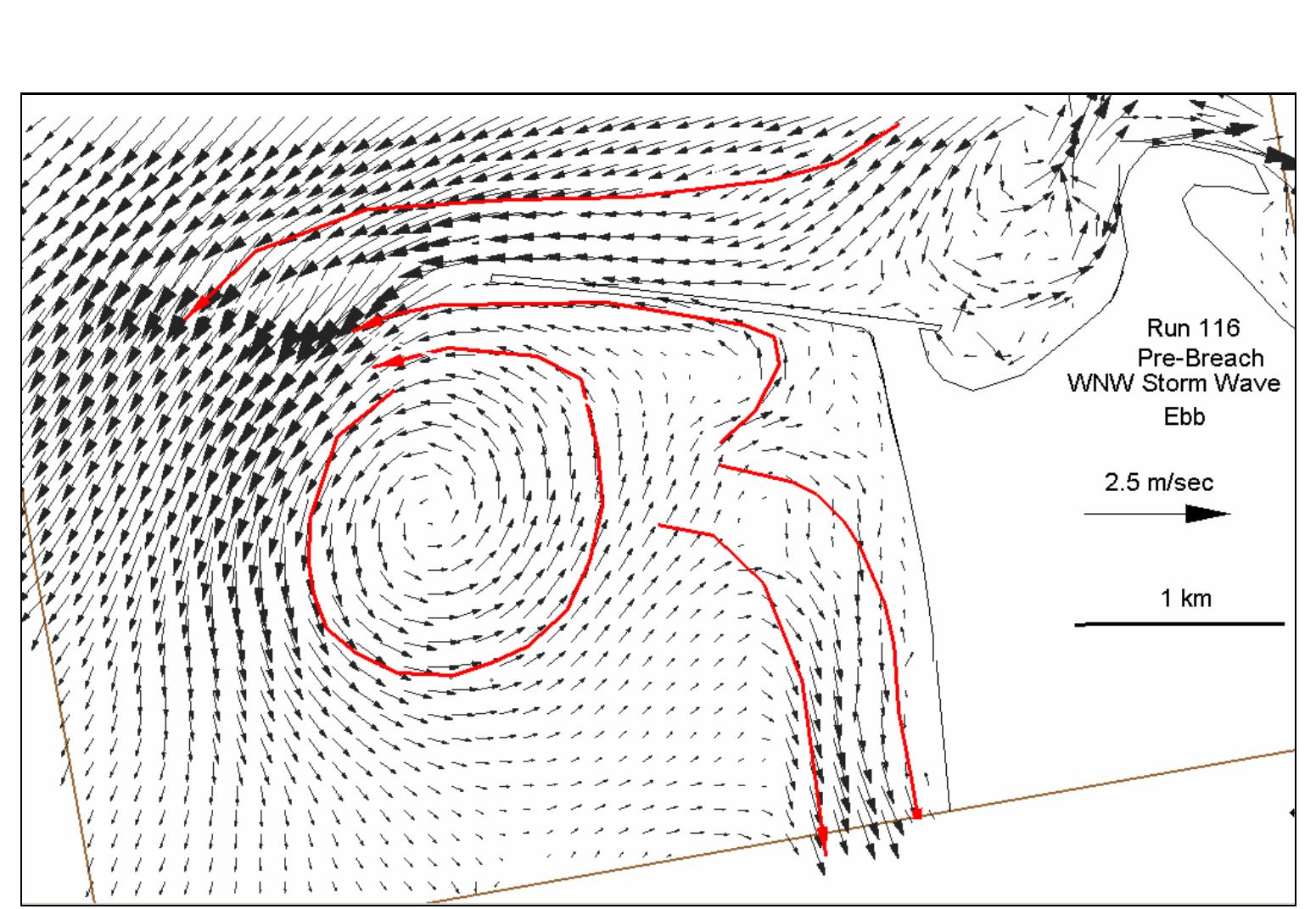 ‘igure 45. ebb flow for pre-breach, west-northwest storm