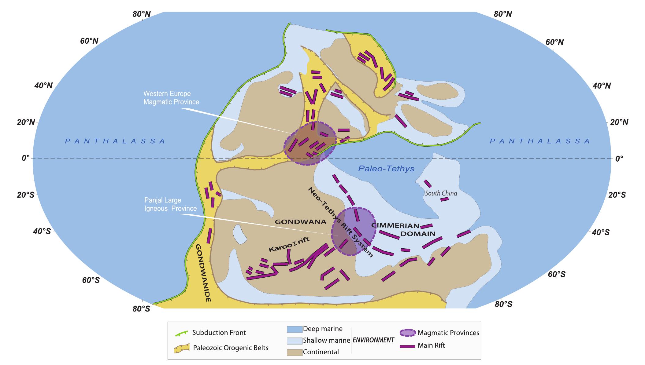 Sketch map showing the earth at 280 ma (lower permian) with