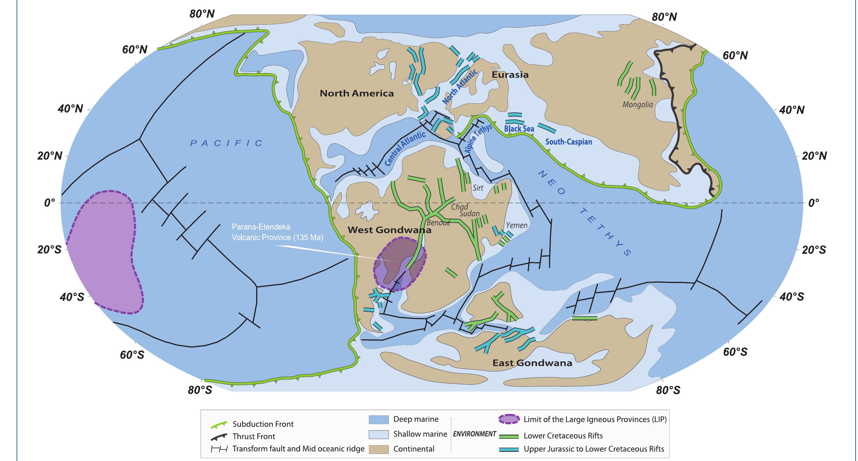 Sketch map showing the earth at 120 ma (lower cretaceous).