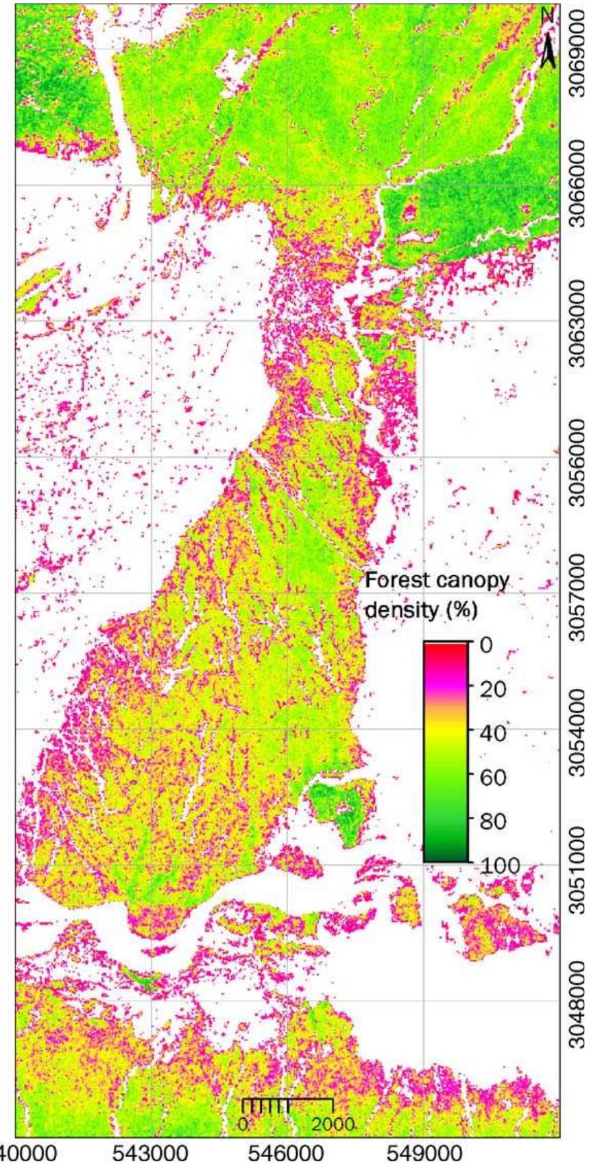 Forest canopy density map produced by the artificial neural