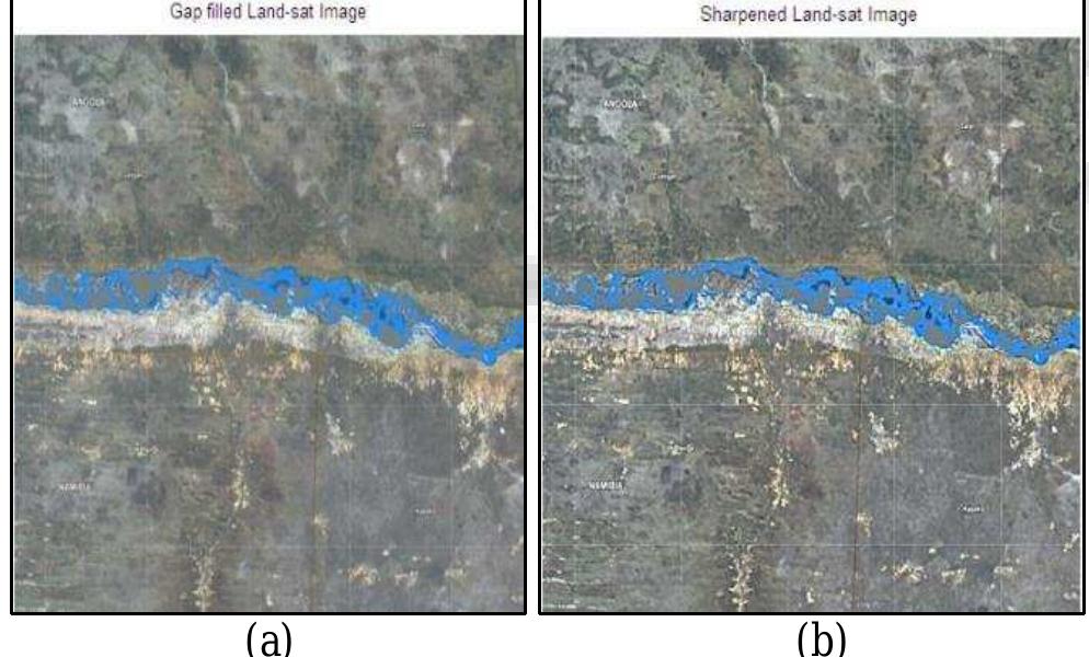 (a) gap filled landsat image (b) pansharpened landsat image