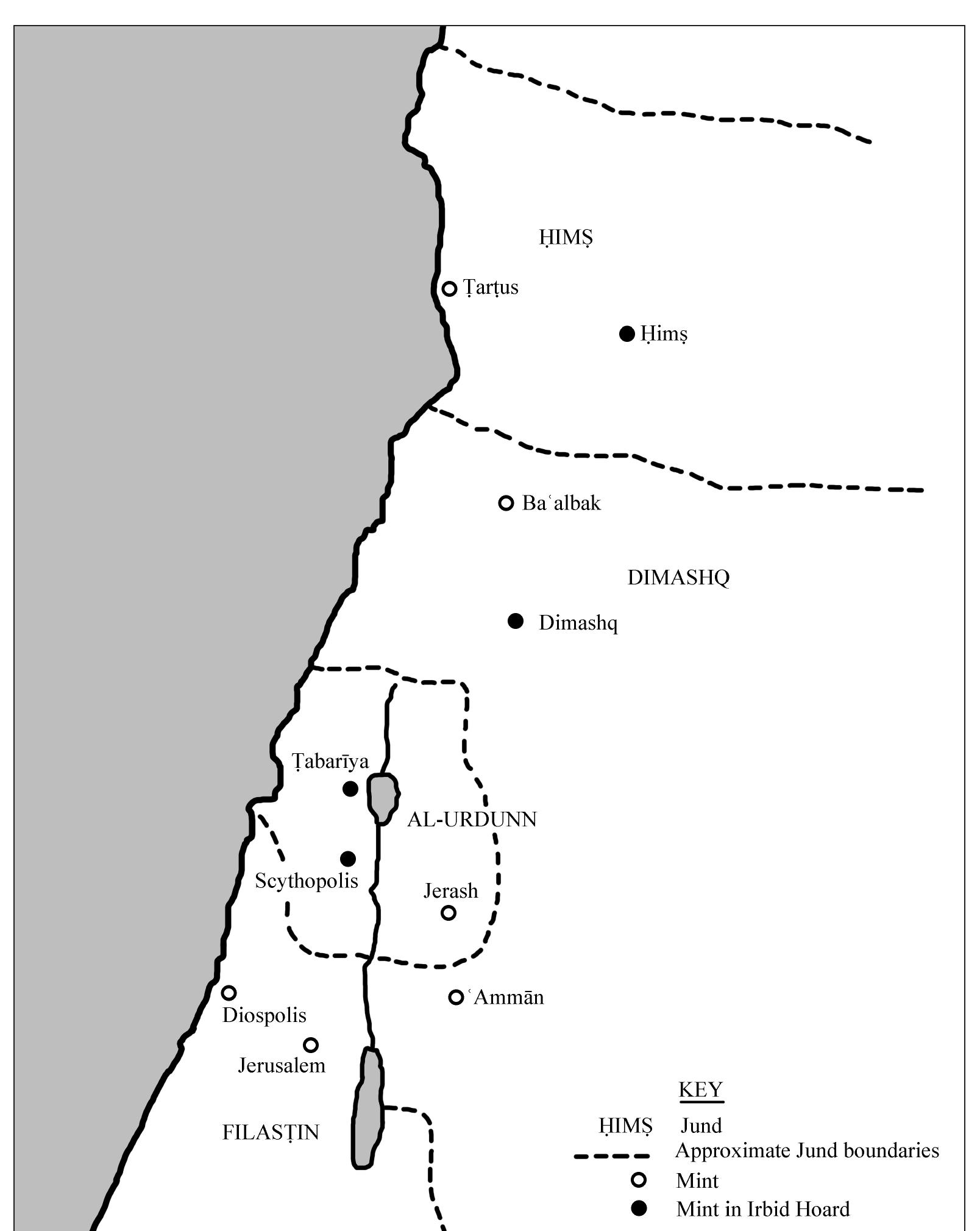 Sketch map showing umayyad imperial image mint locations in
