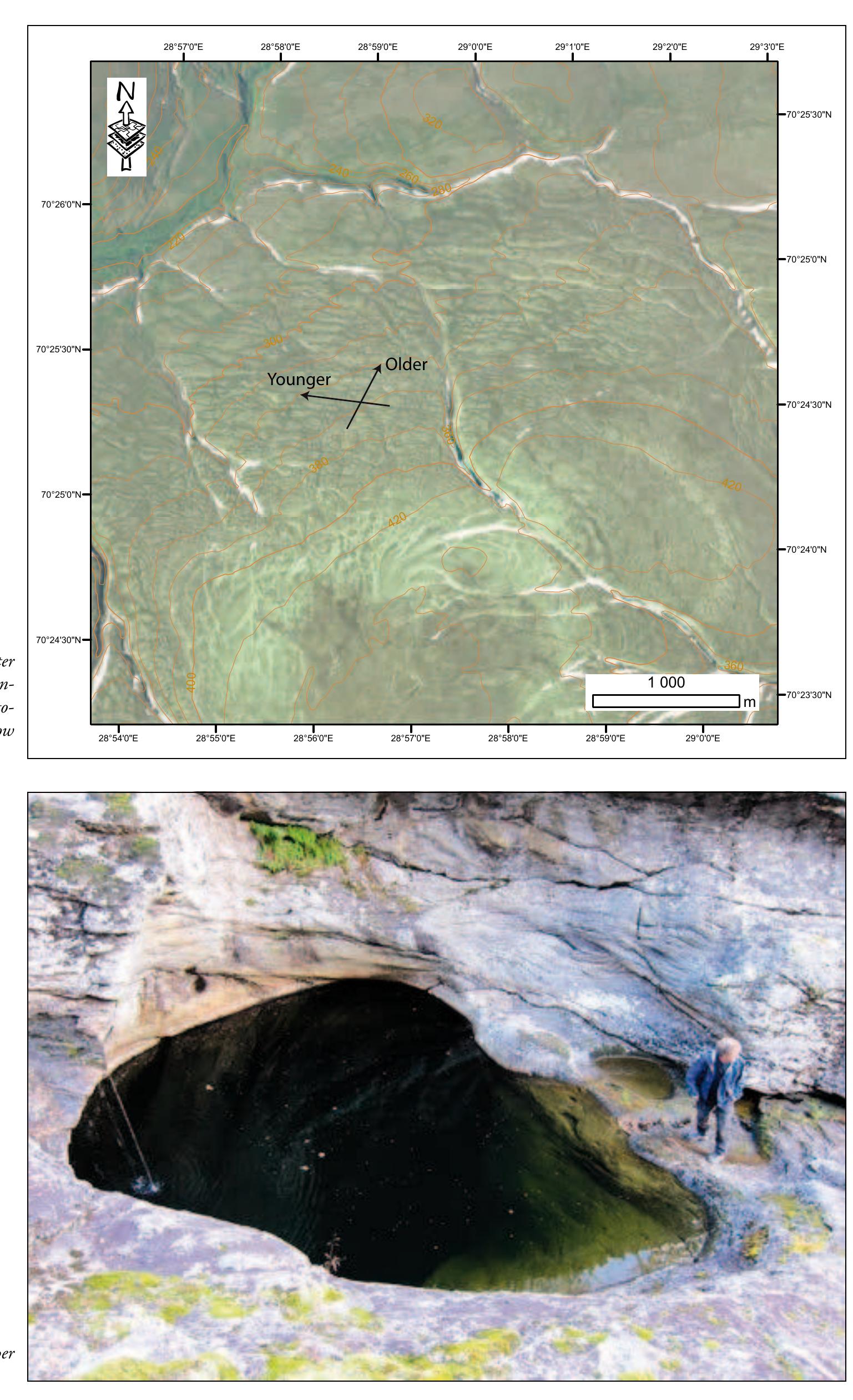Smaller glaciofluvial erosional landforms include potholes