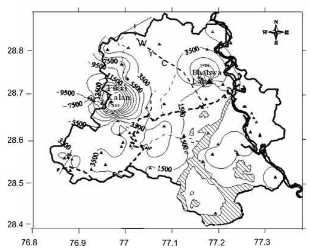 Distribution map of electrical conductivity (us/cm)