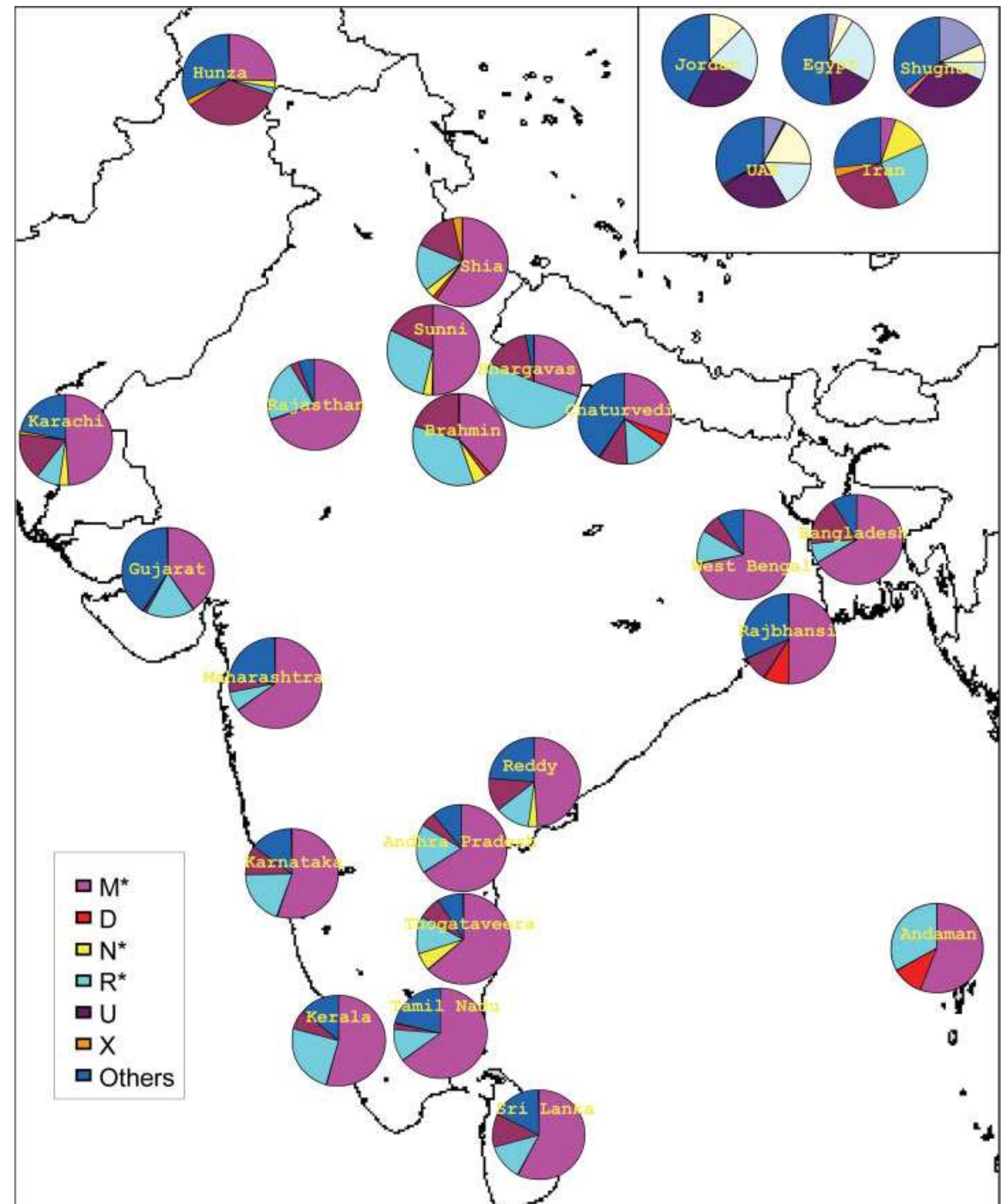 Phylogeographic map of india (and other regions). this