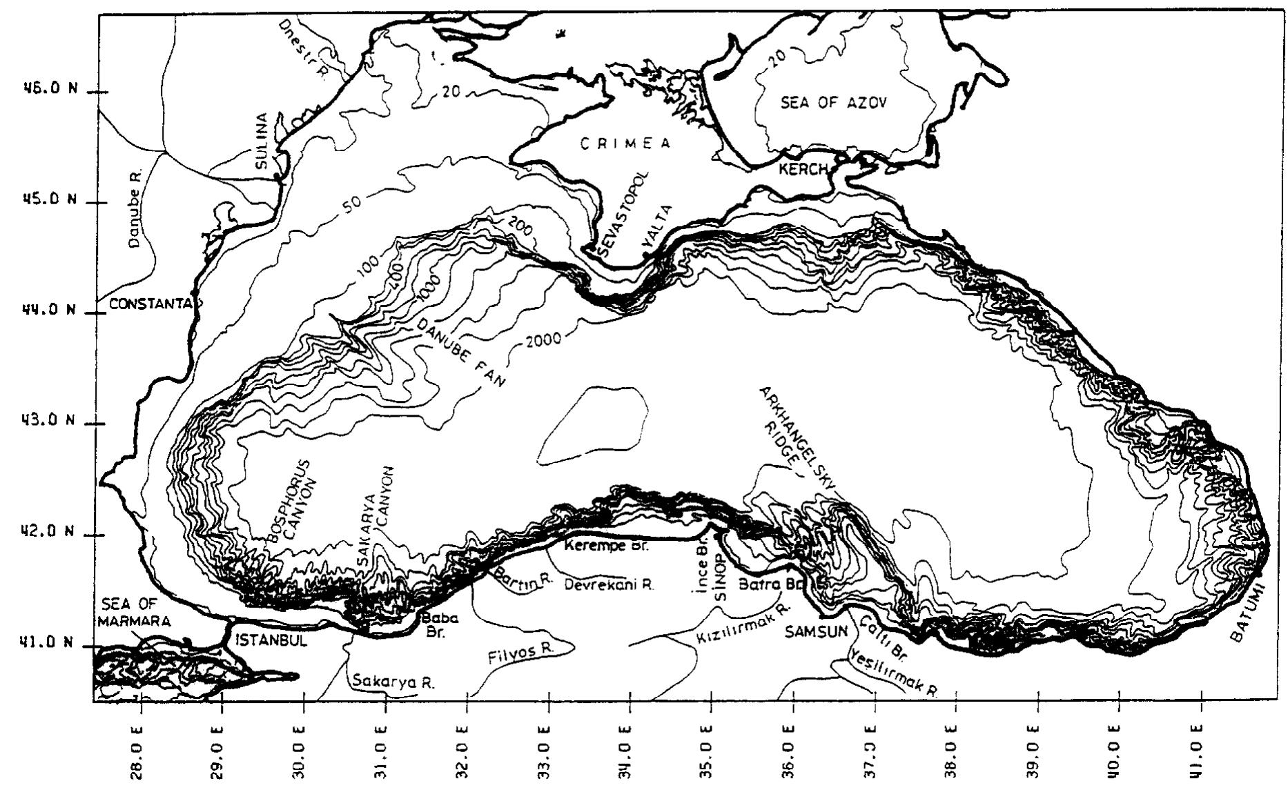 Layout and bathymetry of the black sea basin. depth contours