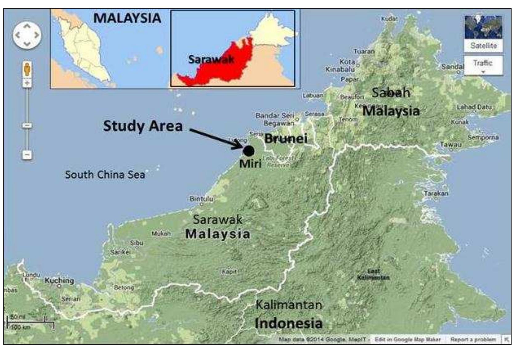 The location map of miri city, insert: map of malaysia