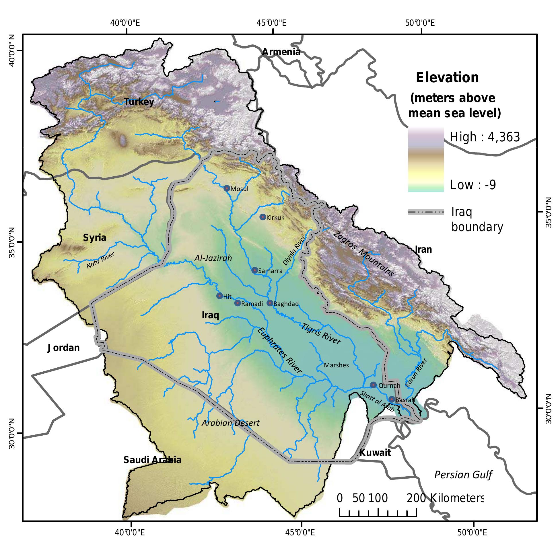 Map of tigris euphrates river system, including country