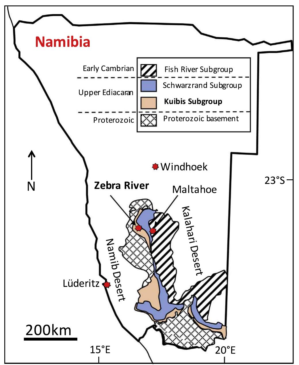 Simplified geological map of namibia, showing the location