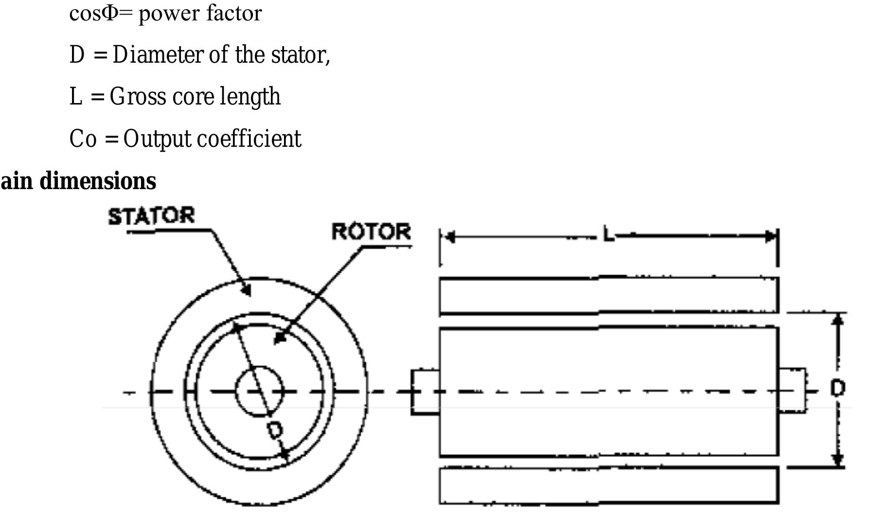 Shows the details of main dimensions of the of an induction