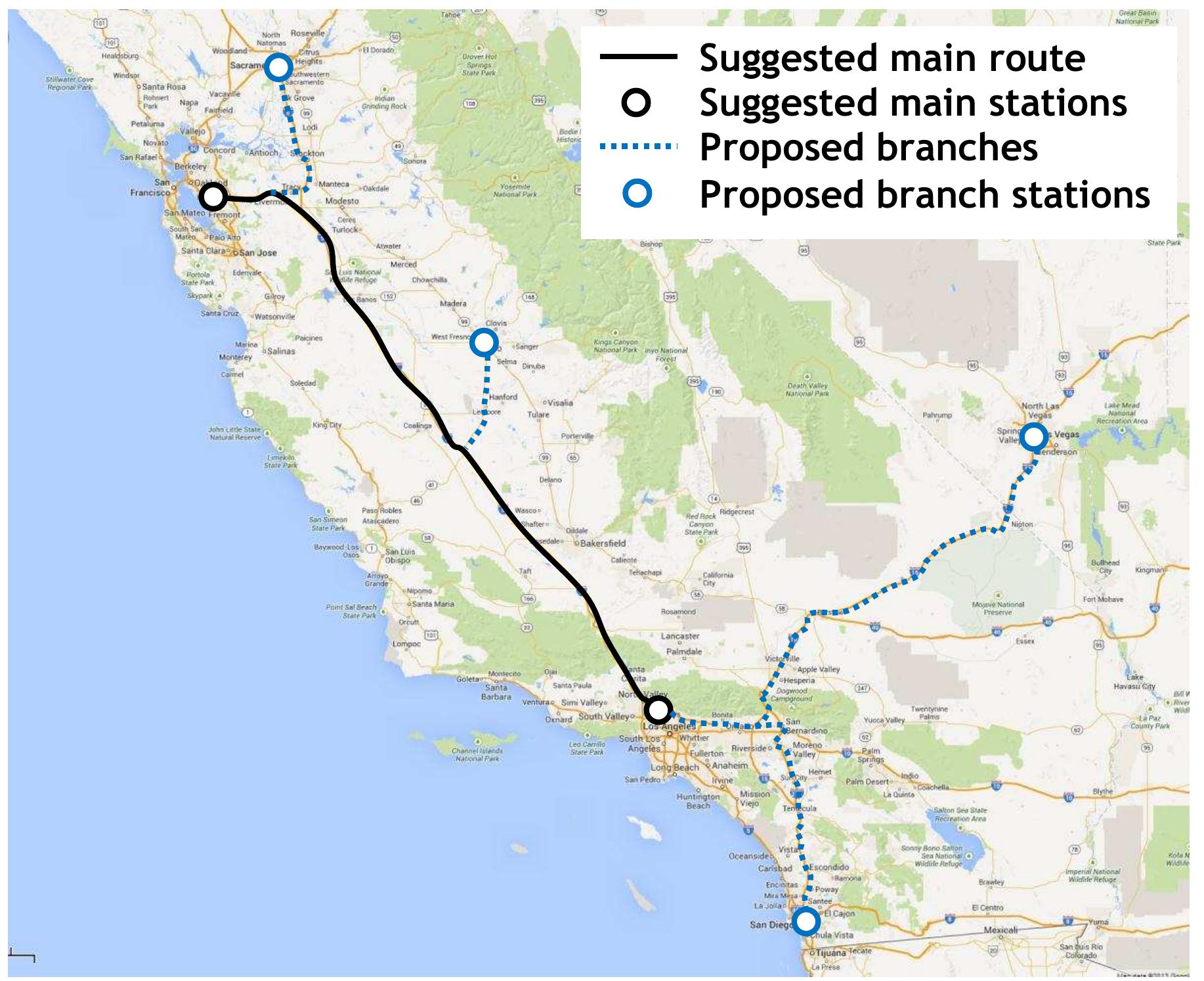 Suggested hyperloop route map (map courtesy of google maps).