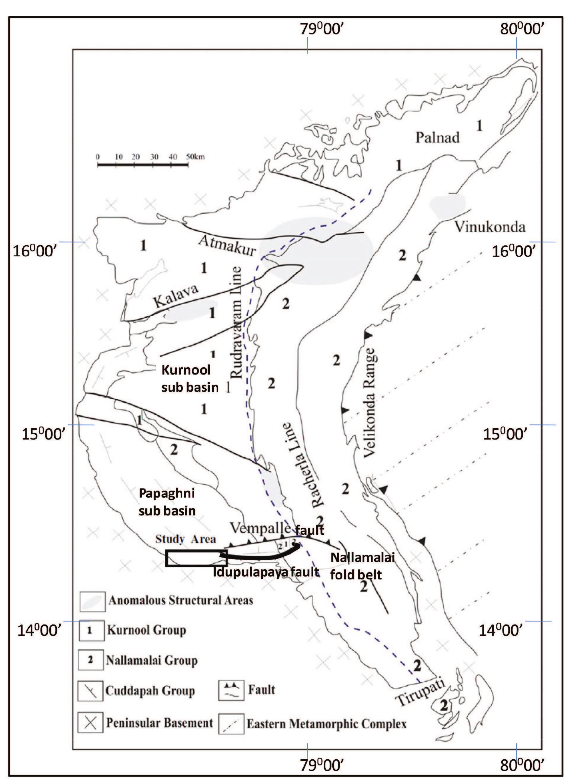 | tectonic map of cuddapah basin showing the study area