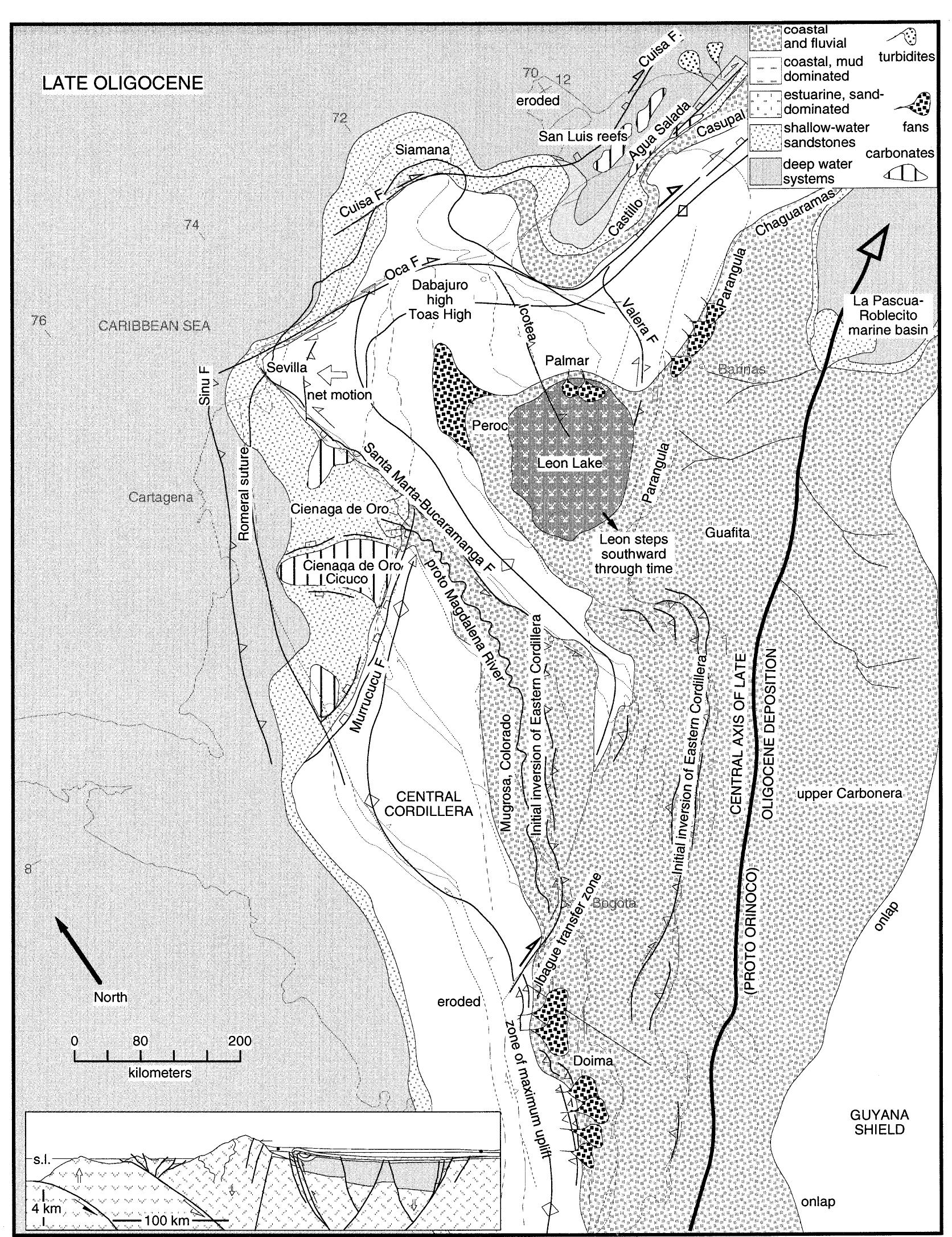 Late oligocene paleogeographic map with the position of the