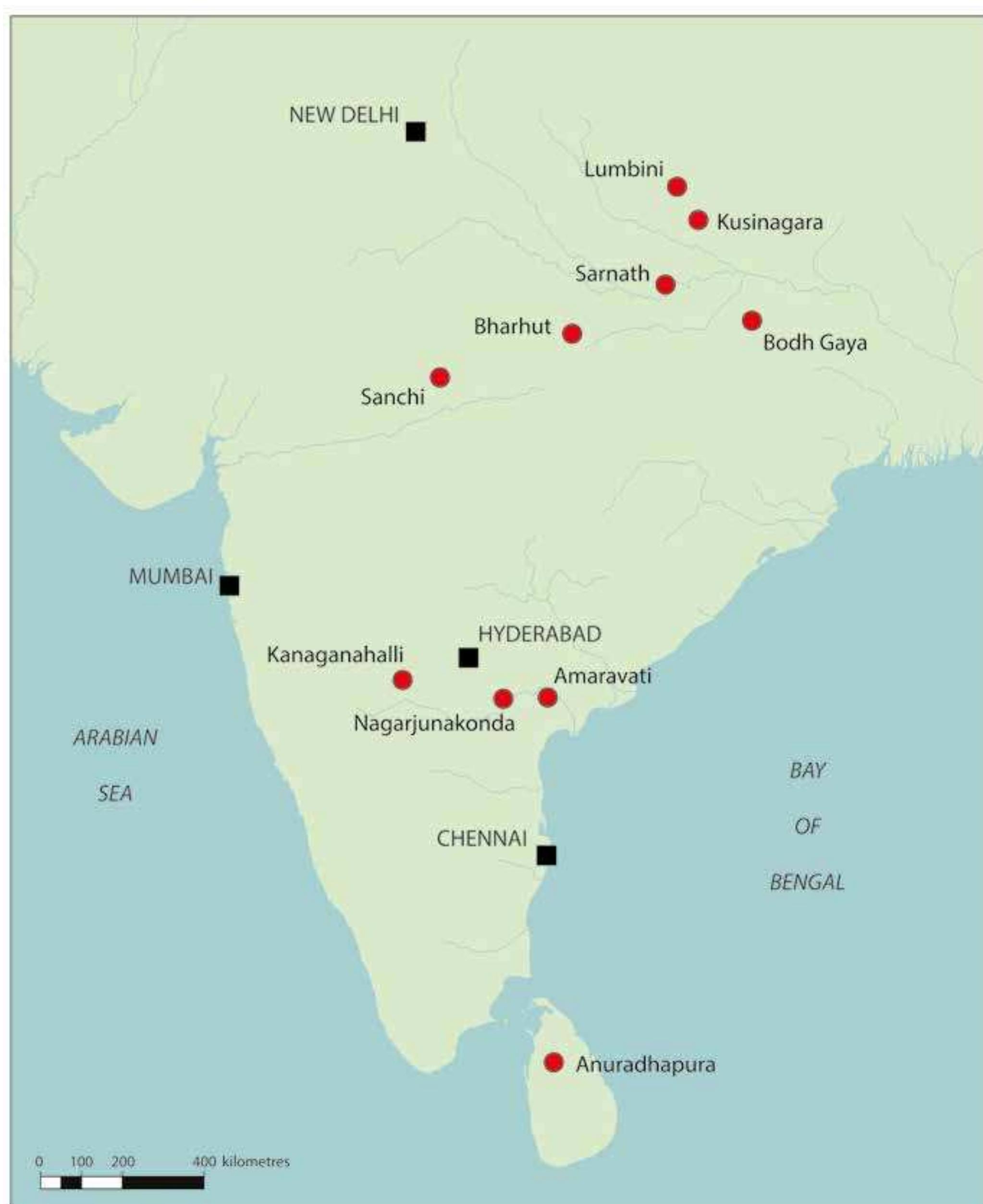 Map of early buddhist sites in the indian subcontinent (red