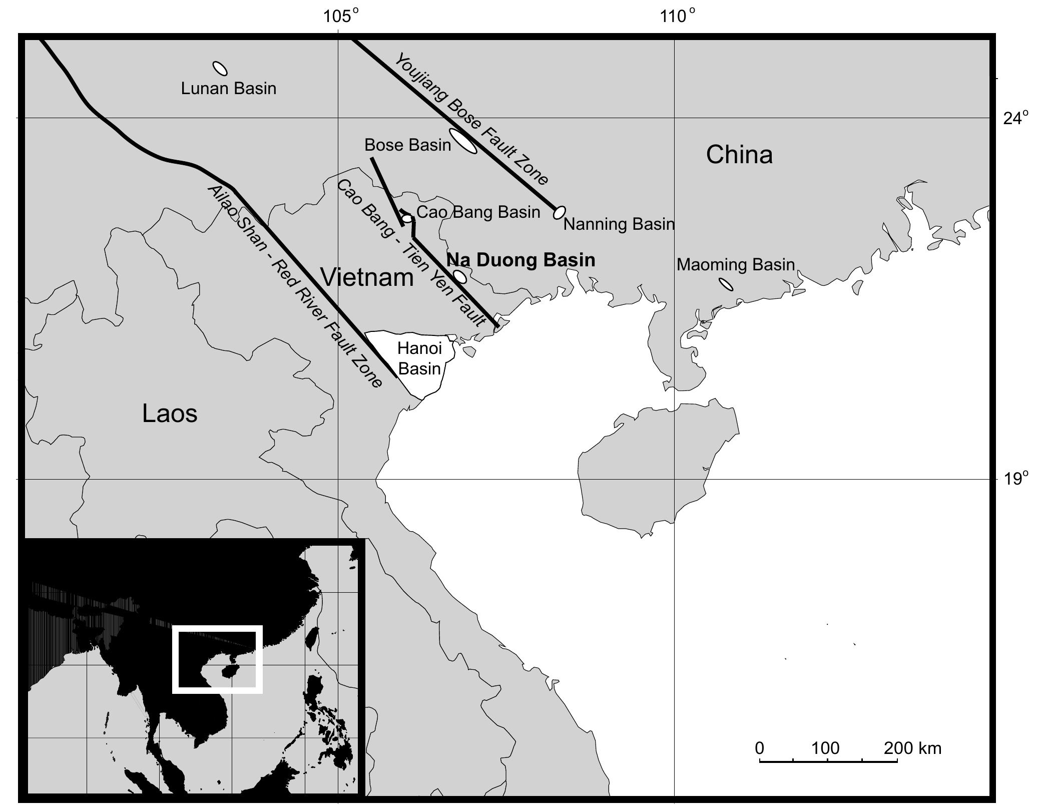 Map of northern southeast asia. major fault systems and