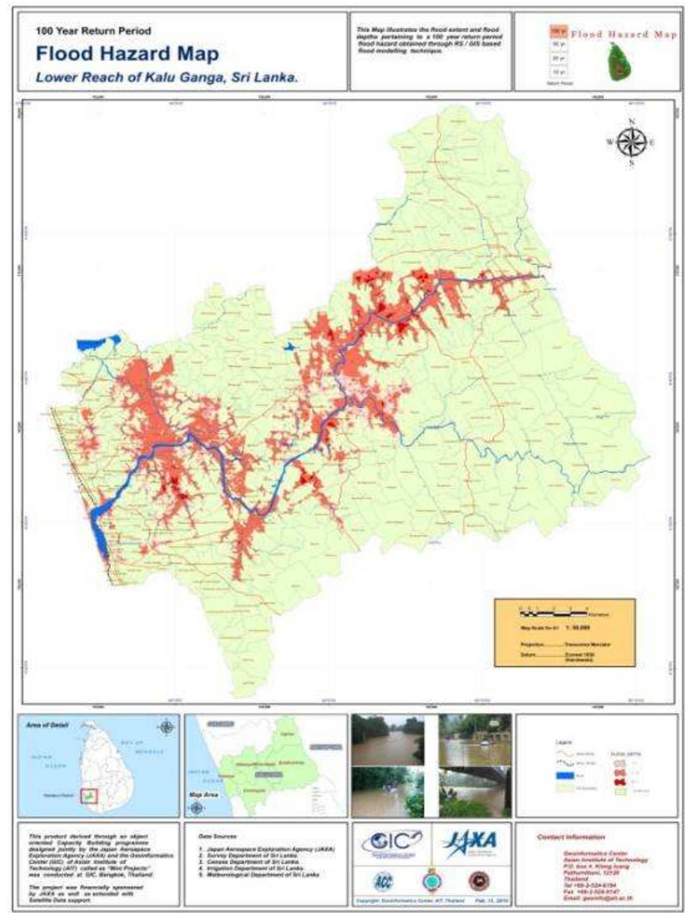 The flood hazard map produced for a 100 yr return period is