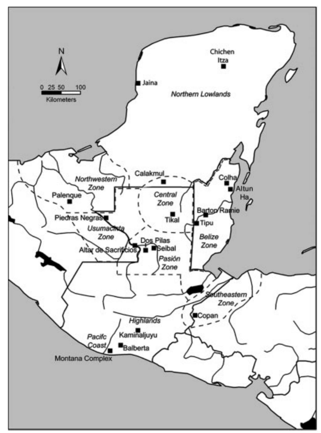 Map of the maya area showing archaeological zones and