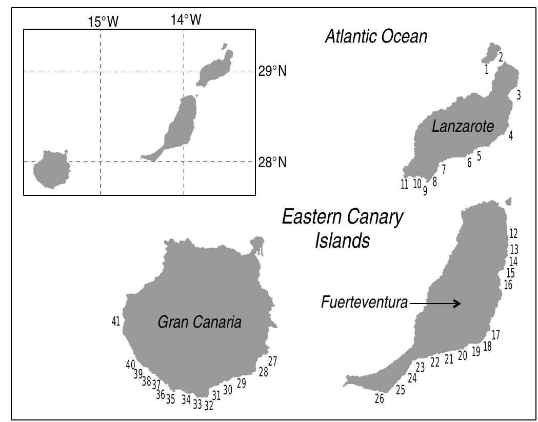 Map of the three eastern canary islands showing the location