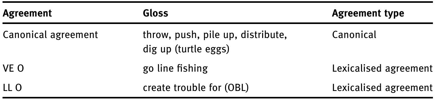 Senses of the verb root —aka and their agreement patterns