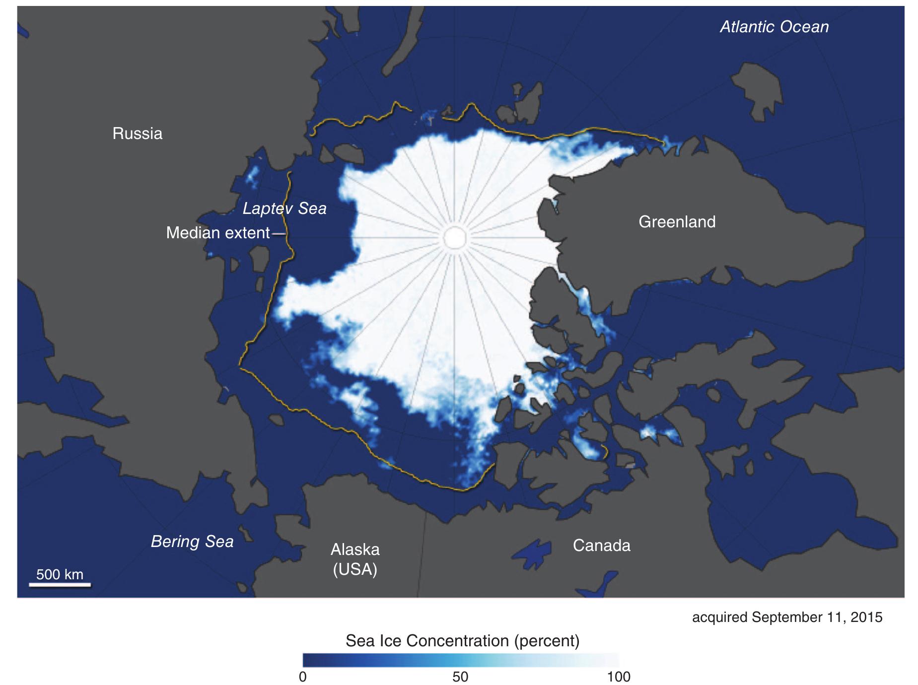 Arctic sea ice reaches annual low, 2015. this map shows