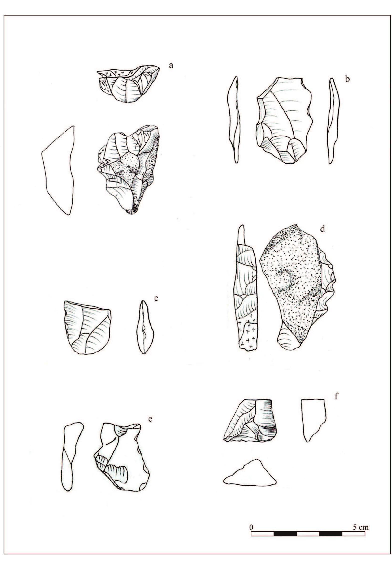 Drawing of selected flint artifacts from the collection: a,