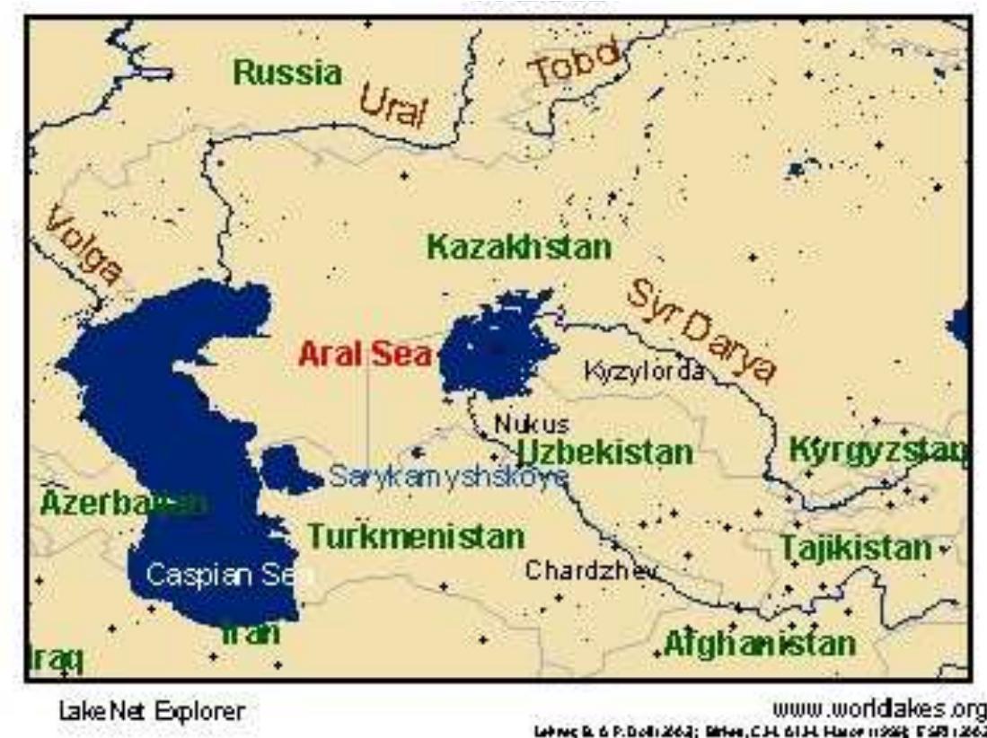 The aral sea is centred on 45°n and longitude 60°e,