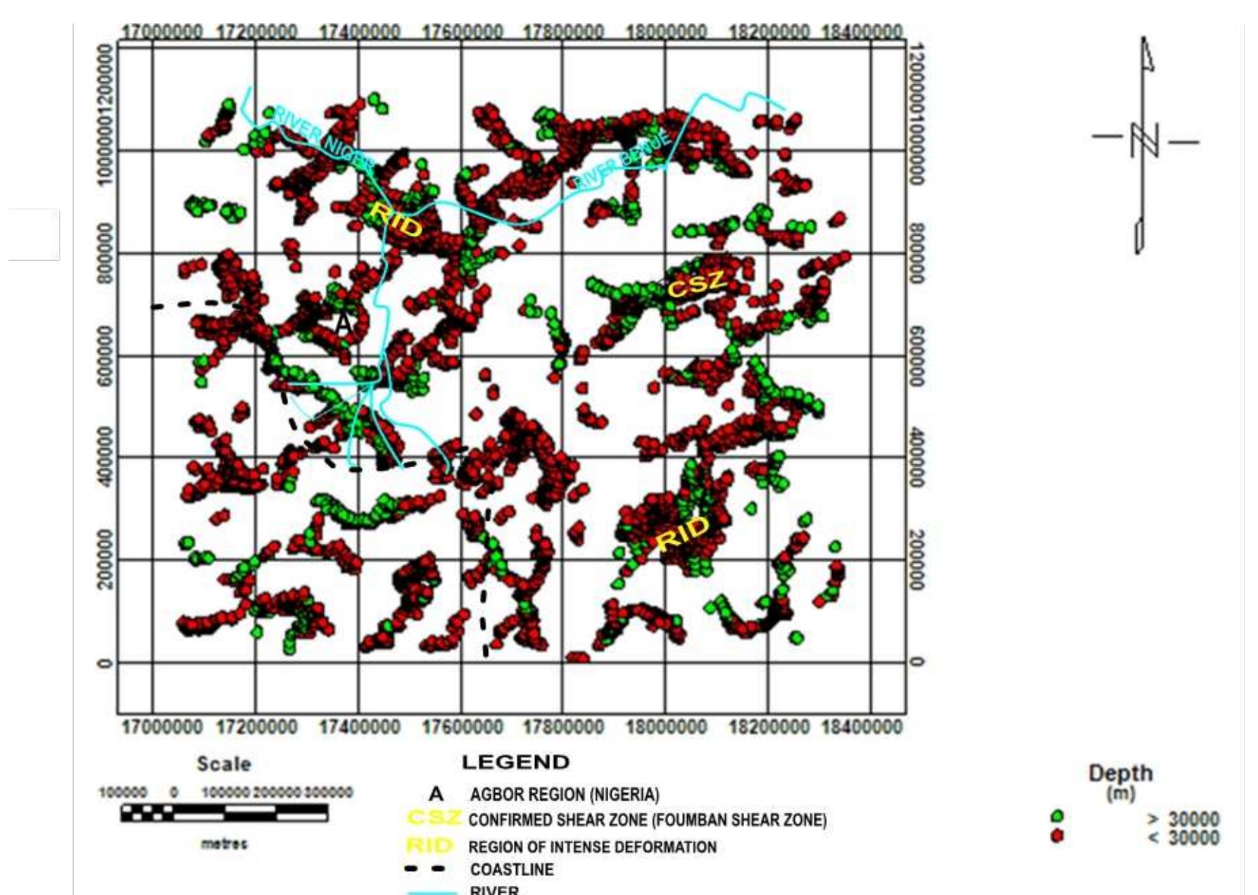 (b): colour range symbol map of the euler solutions: depth