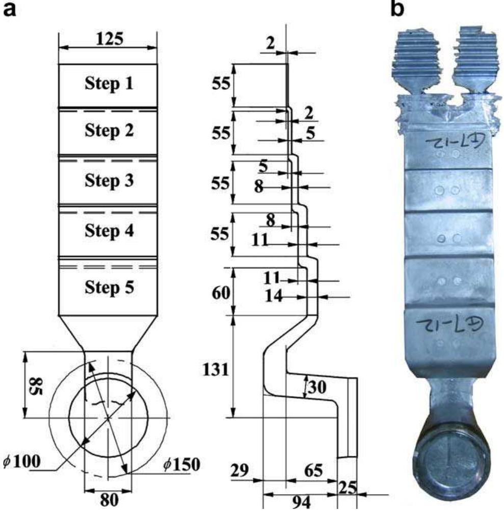 “step shape” casting: (a) size and geometry; (b) actual